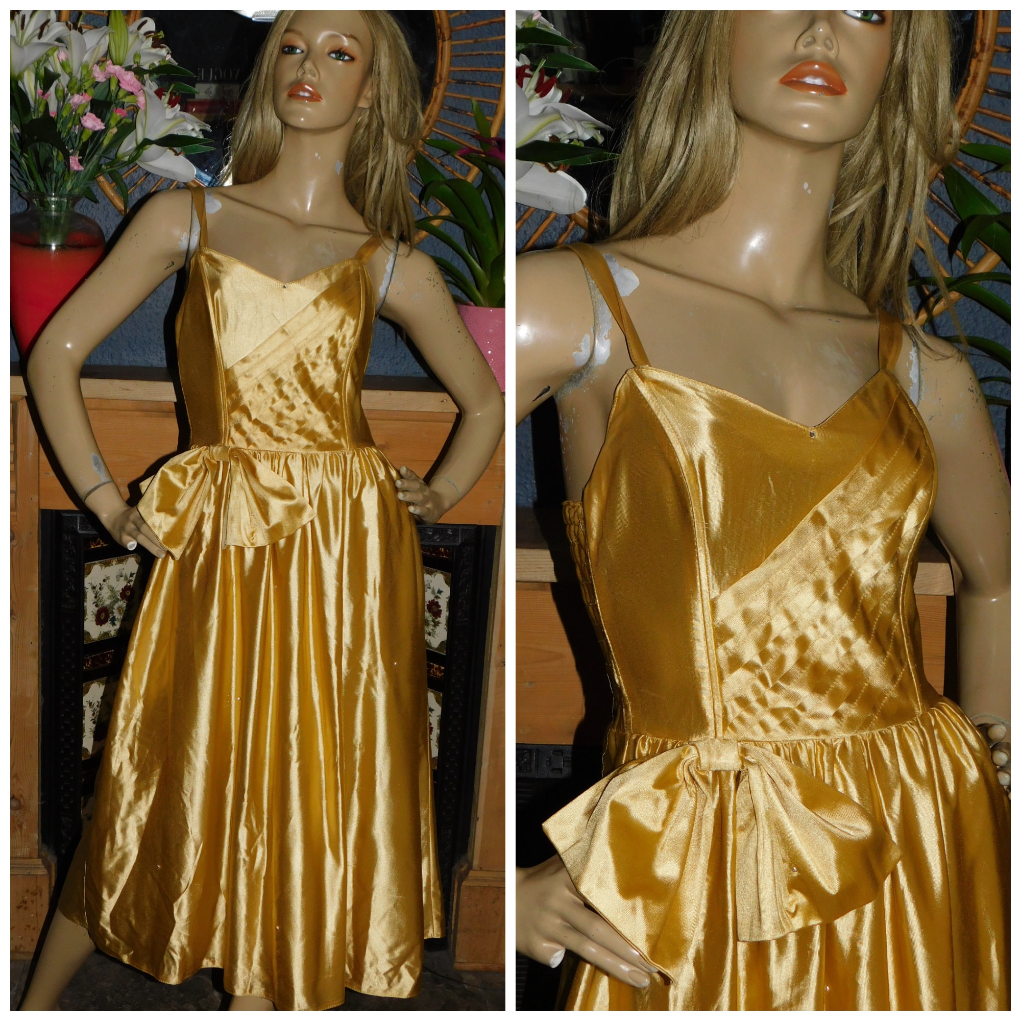 Vintage 80s GOLD WET LOOK Bow Front Prom Party Dress 12-14 M 1980s ...