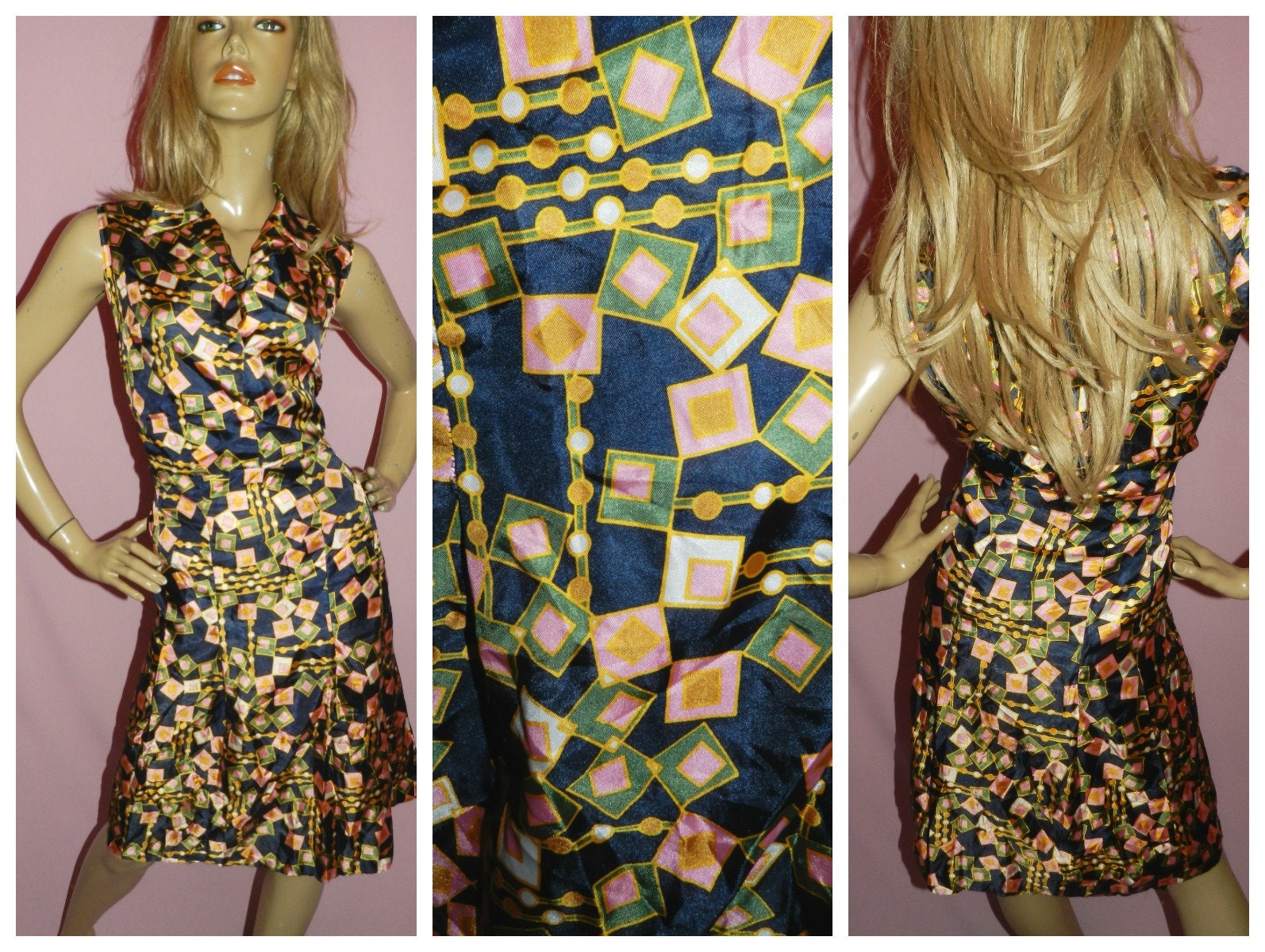 Vintage 60s Navy Pink green GEOMETRIC Print MOD Scooter dress 16 L ...