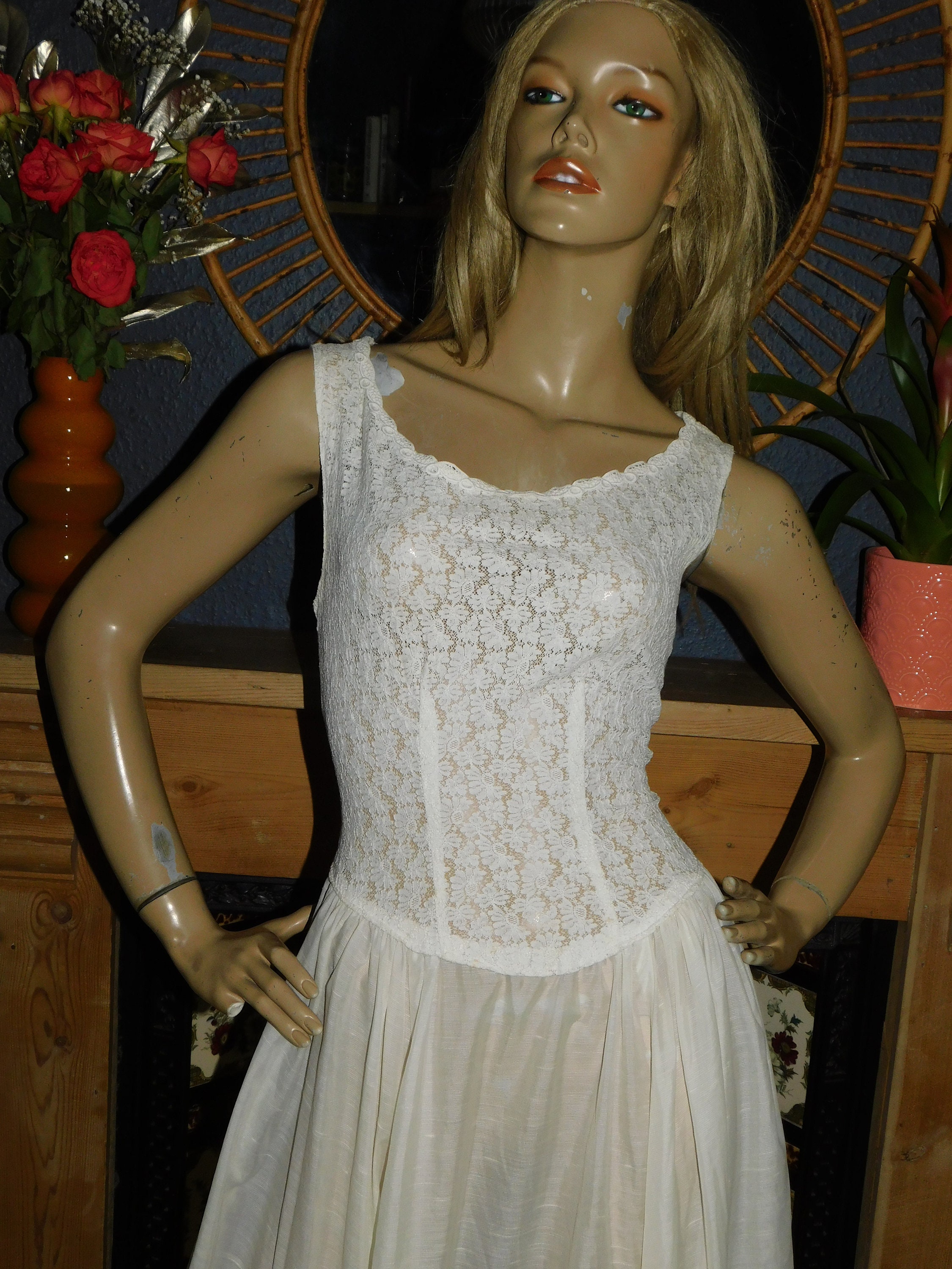 Vintage 50s Cream Lace Tulle Semi Sheer Wedding Dress 8 Xs 1950s Bridal