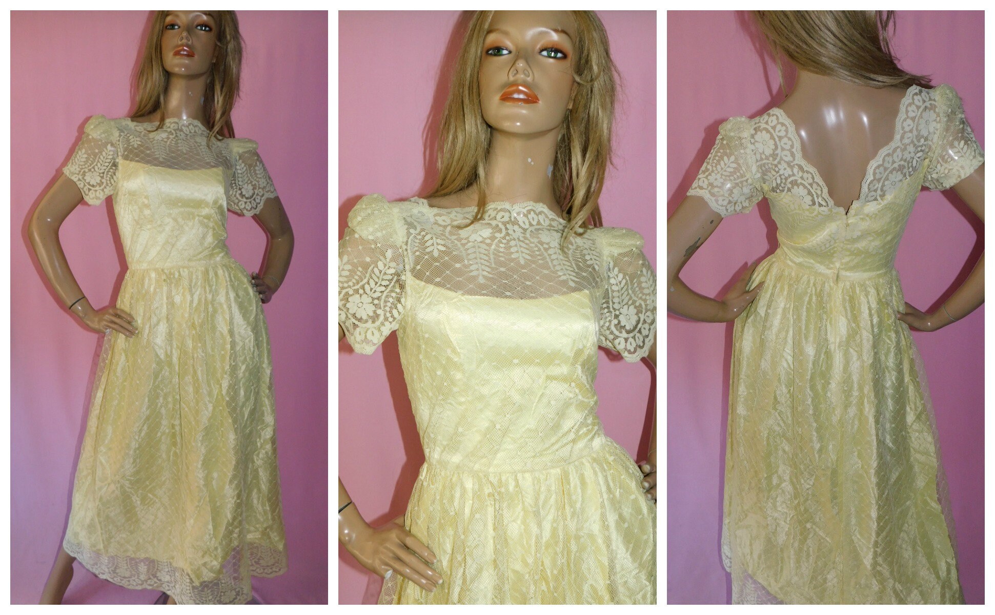 Vintage 50s Yellow LACE Tea Party Dress 6-8 Xs 1950s Wedding Mid Century