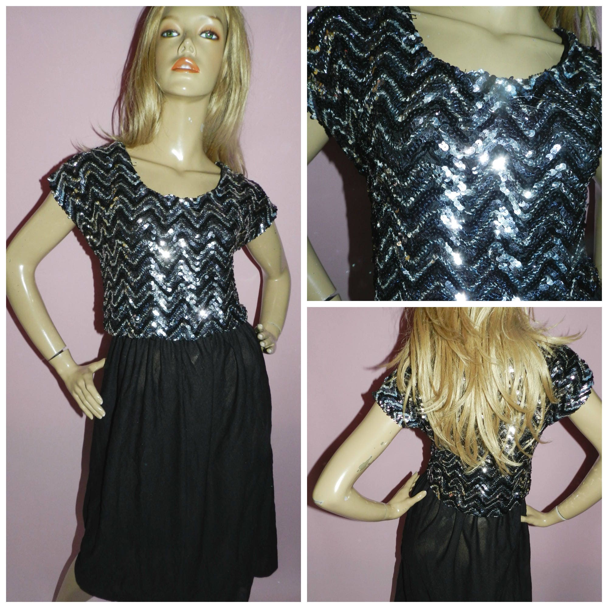 Vintage 70s 80s Black Silver SEQUIN DISCO Dress 12 M 1970s 1980s ...