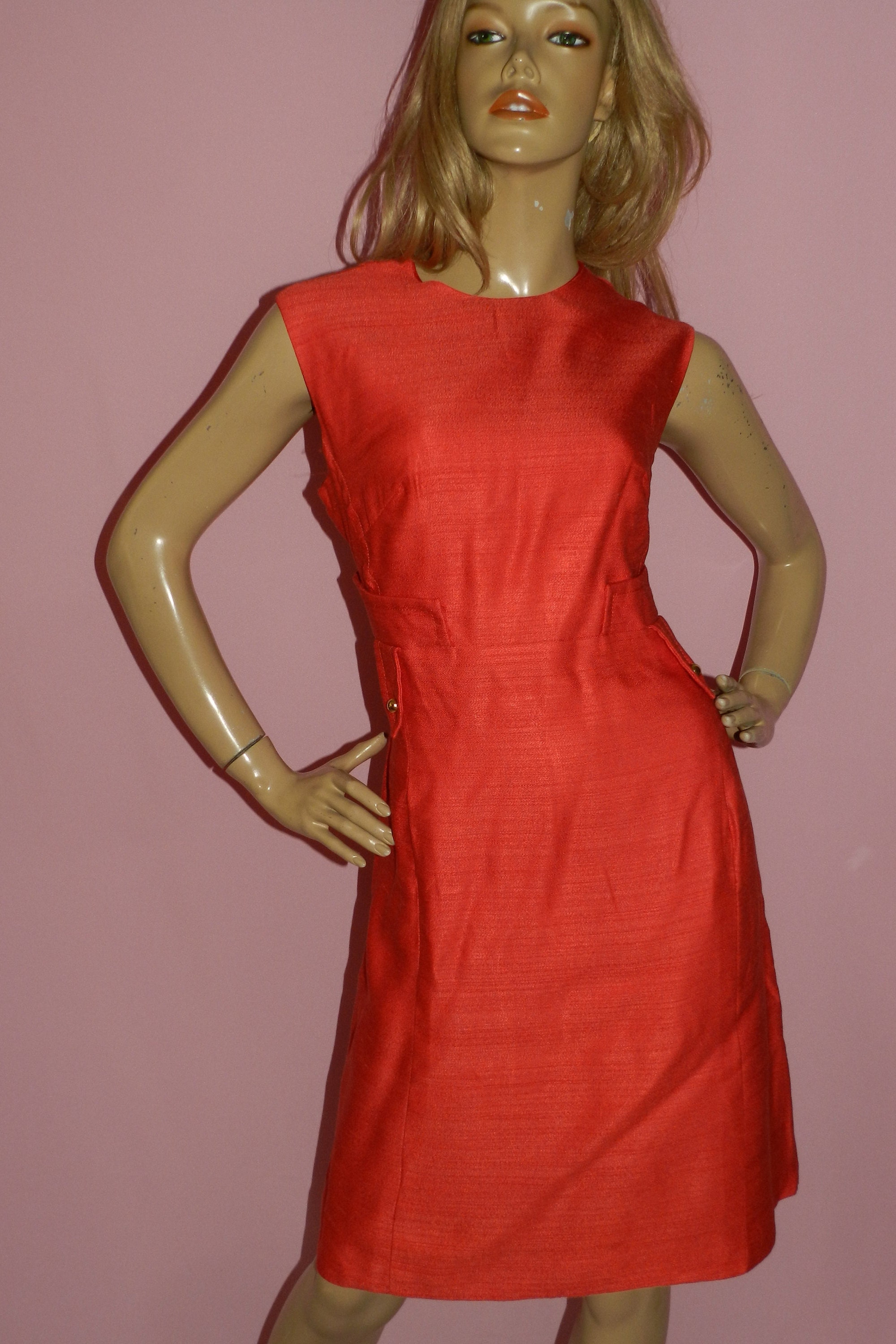 Vintage 60s TOMATO RED MOD Scooter Dress 14 16 M L 1960s Modette Shift