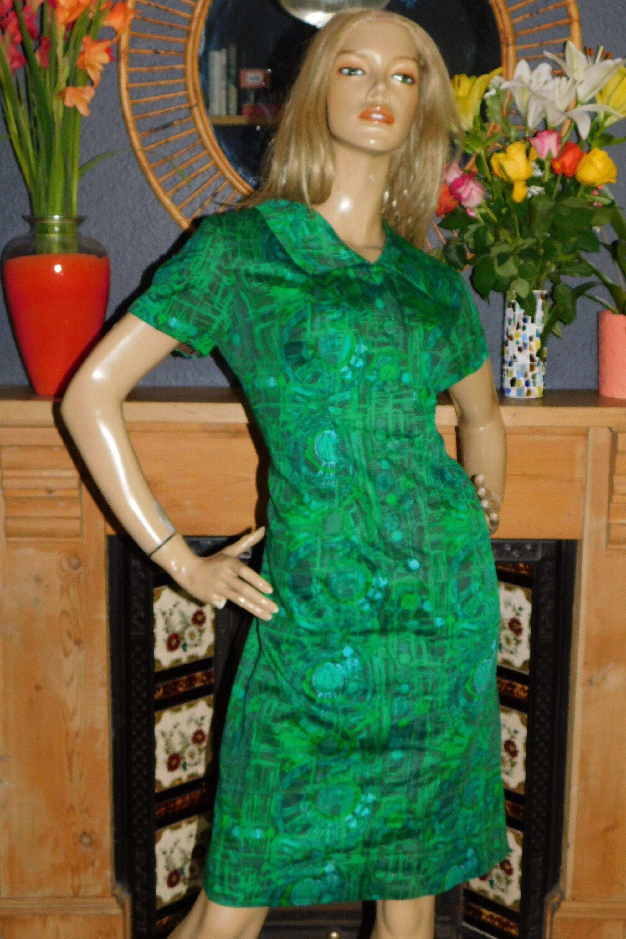 Vintage 50s Green ABSTRACT OP ART Patterned Day Dress 14 16 M L 1950s ...