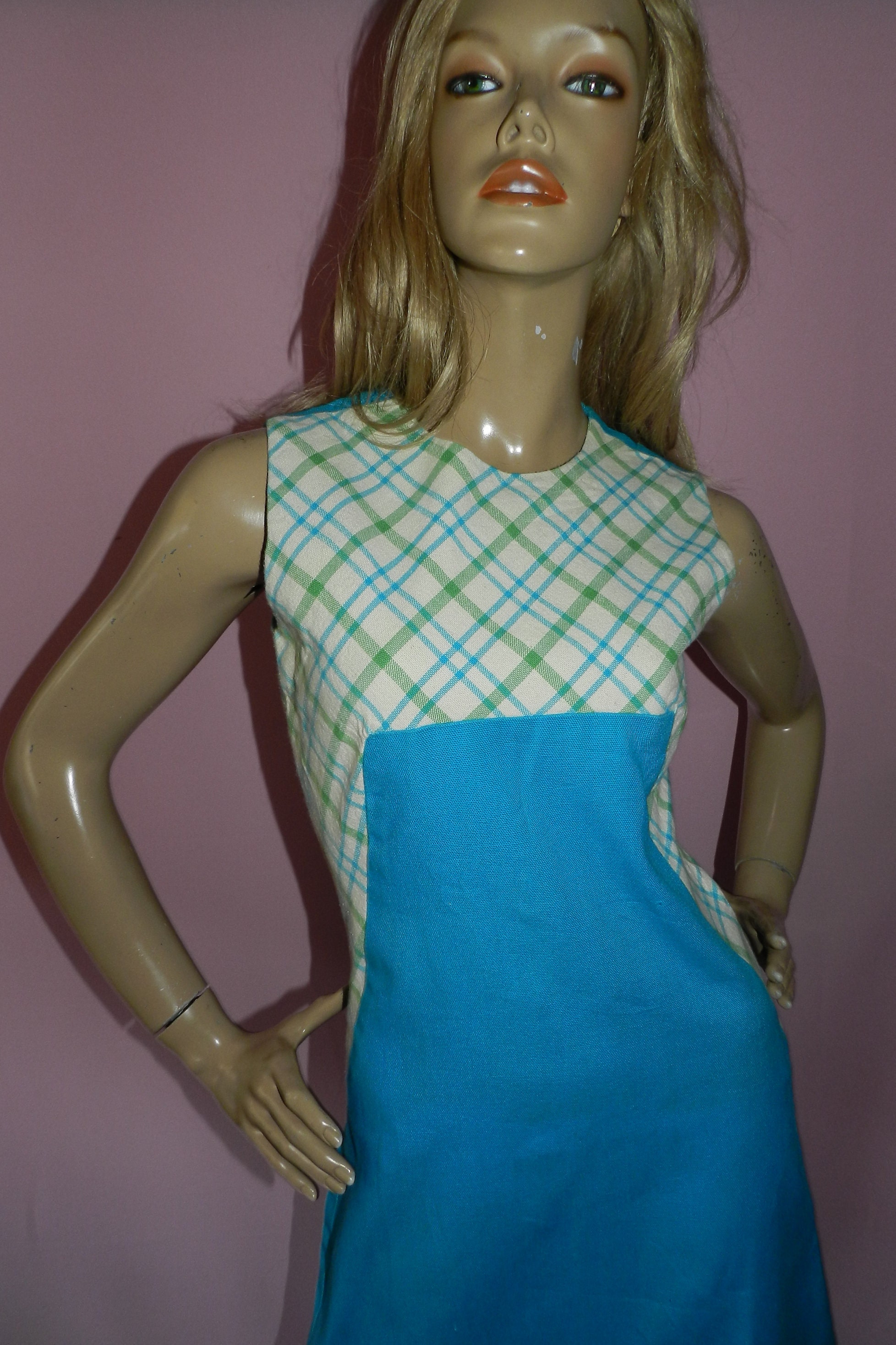 Vintage 60s TURQUOISE Blue Contrast CHECK Print MOD Scooter dress 10 S ...