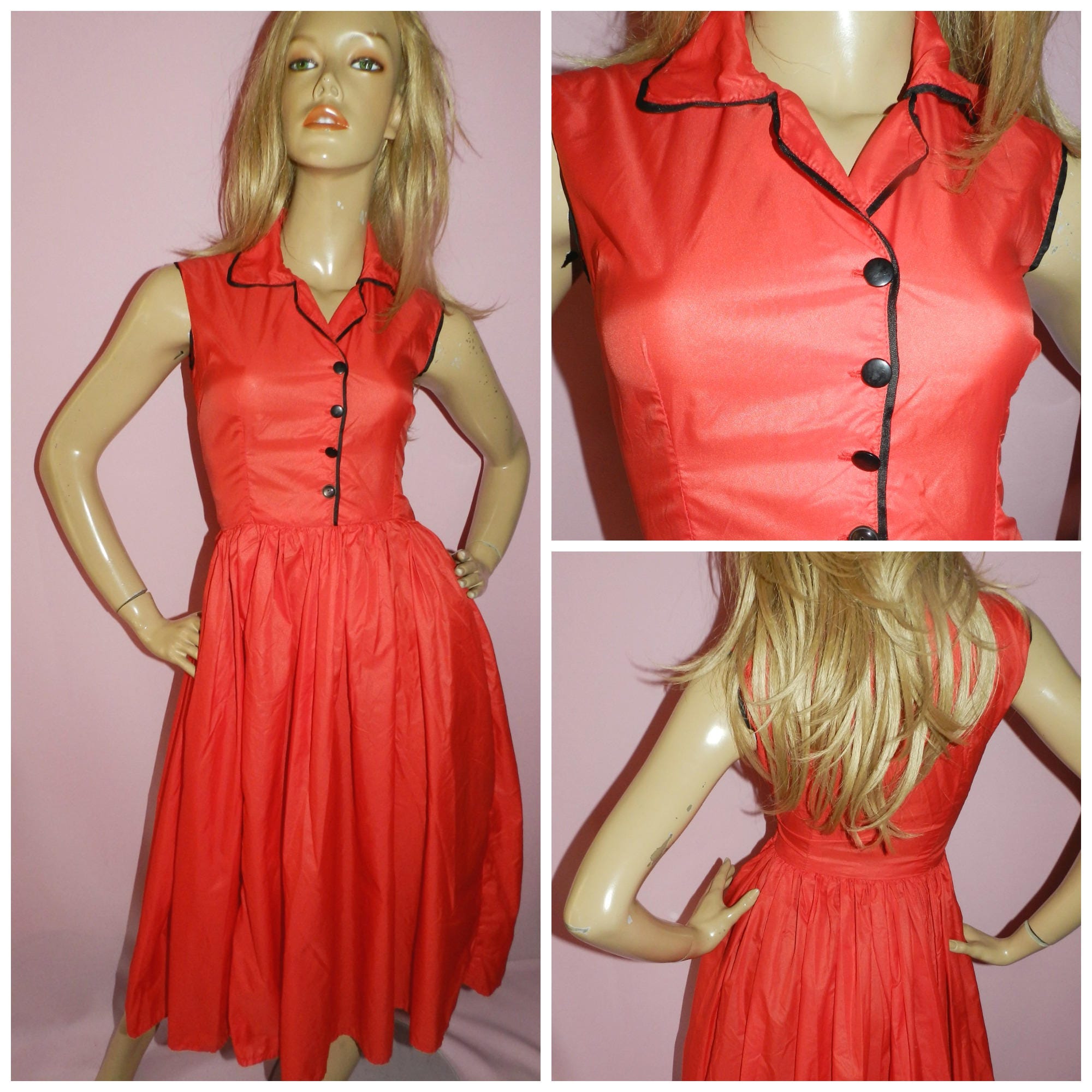 Vintage 50s Red Black trim ROCKABILLY Full skirt TEA PROM Dress 8 S ...