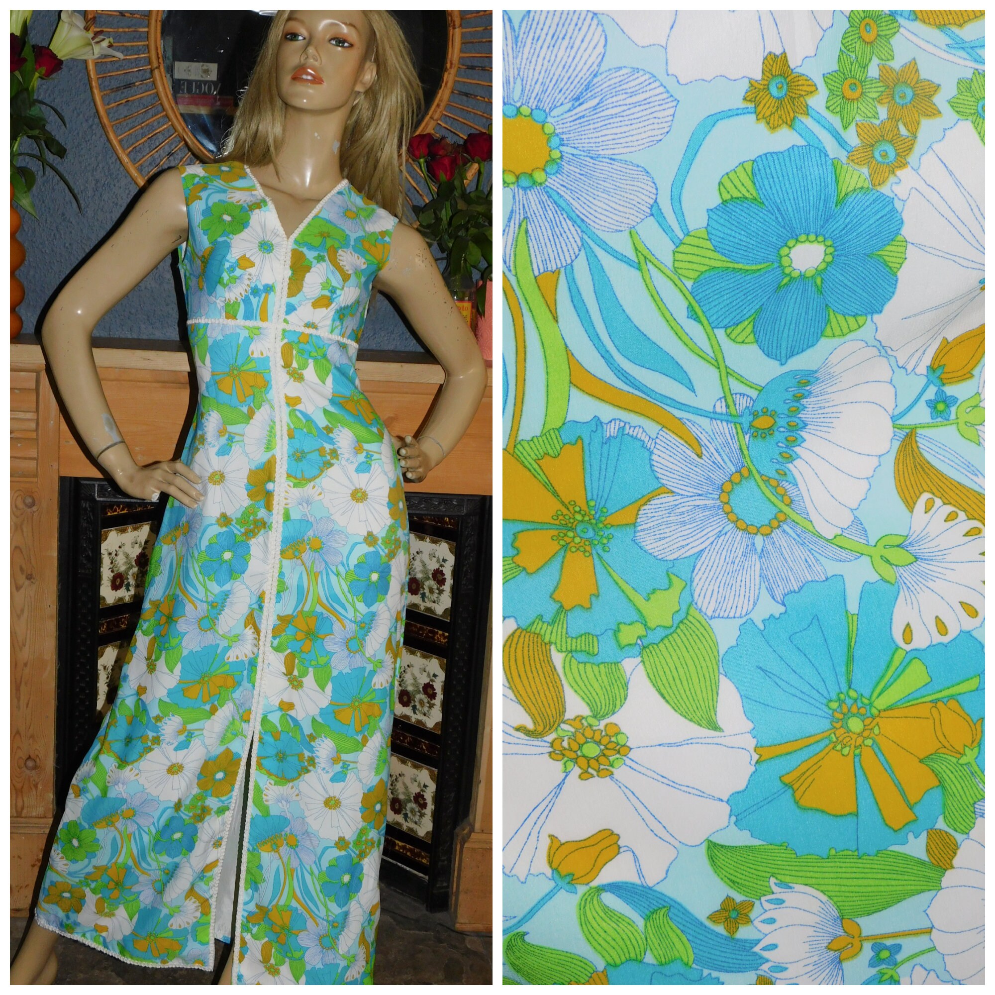 Vintage 70s PSYCHEDELIC FLOWER POWER Margo Midi Maxi Dress 8 S 1970s Slit