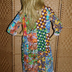 Vintage 60s 70s Bold Multicoloured PSYCHEDELIC FLOWER POWER Patchwork Tent Smock Dress S 1960s ...