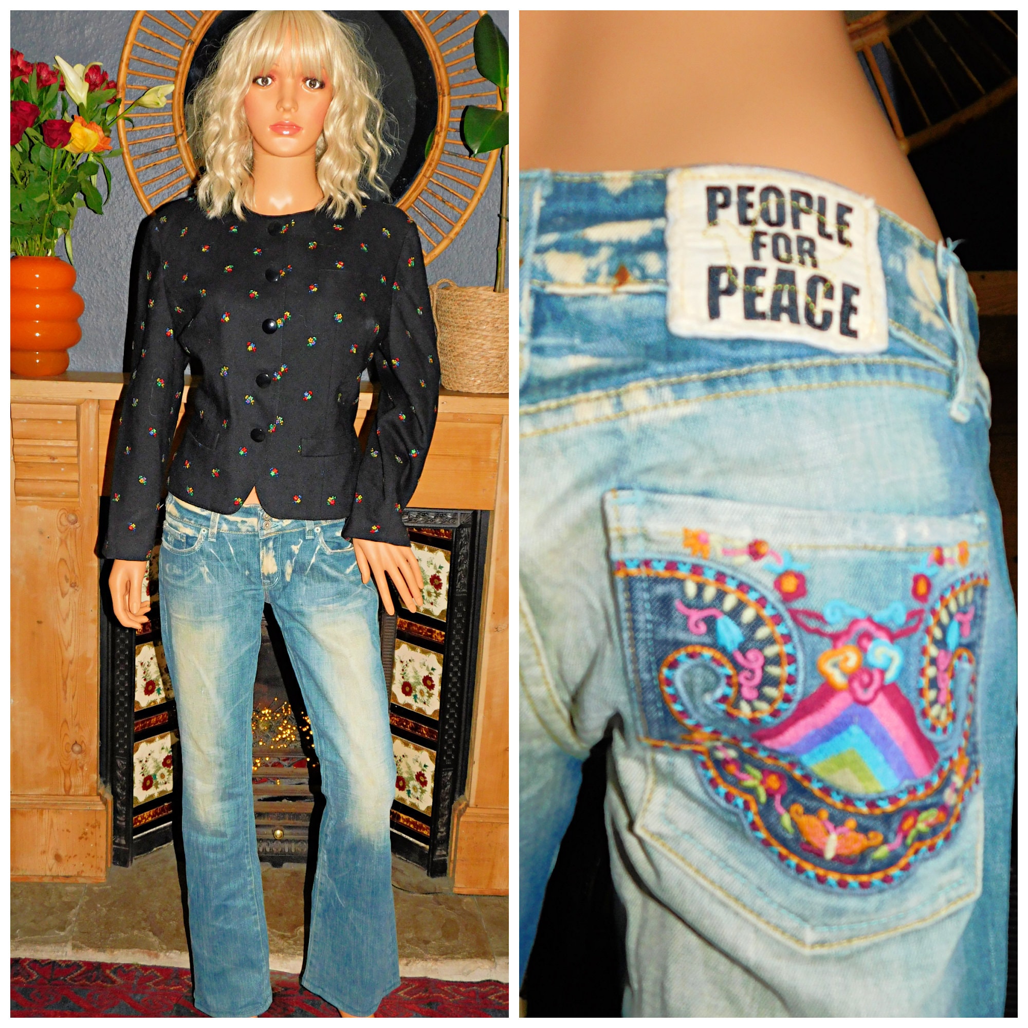 Vintage Y2K EMBROIDERED People For PEACE Distressed Jeans 10 S 28 Low ...