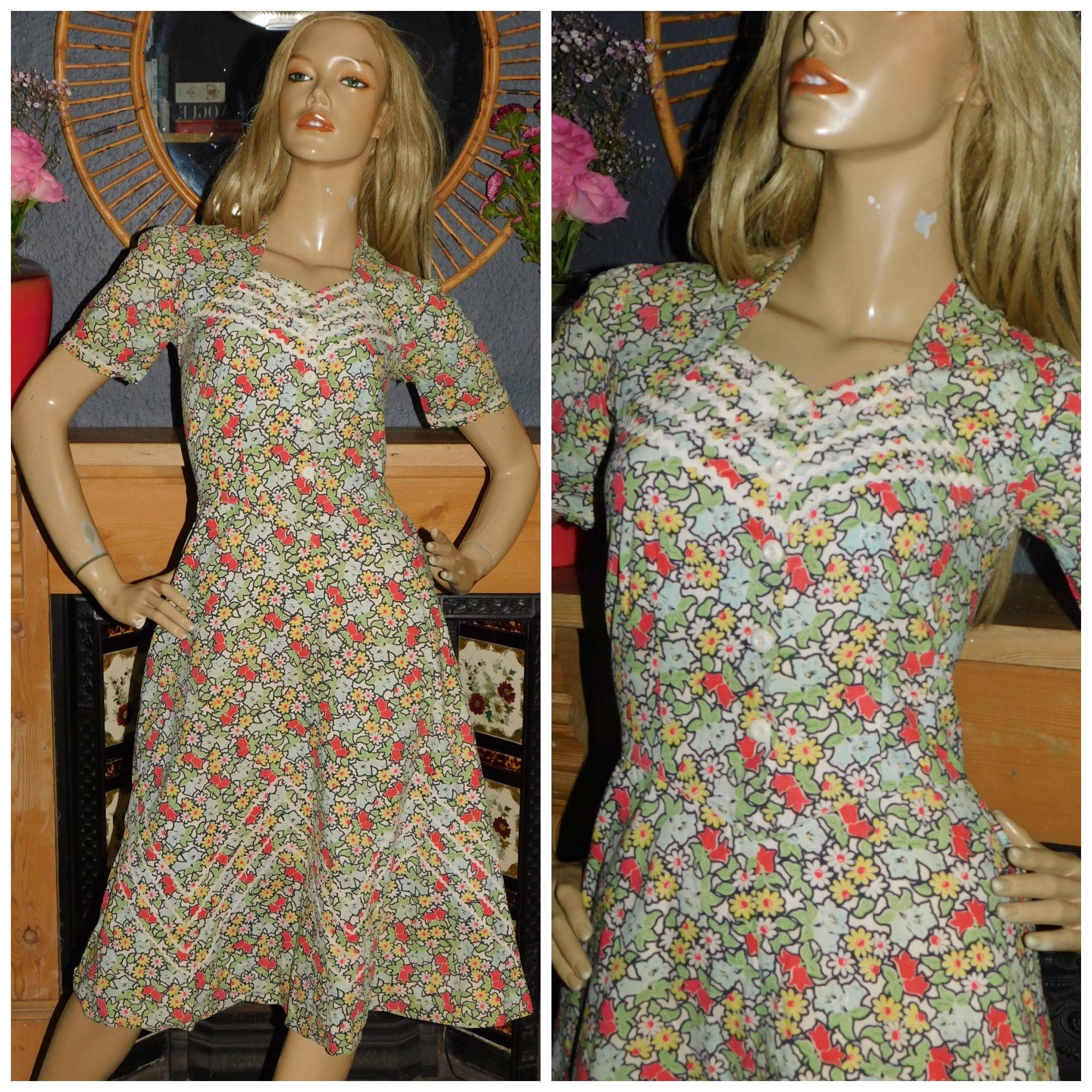 Vintage 30s 40s Bold FLORAL Print RIC RAC Trim Tea Dress 10-12 S M ...