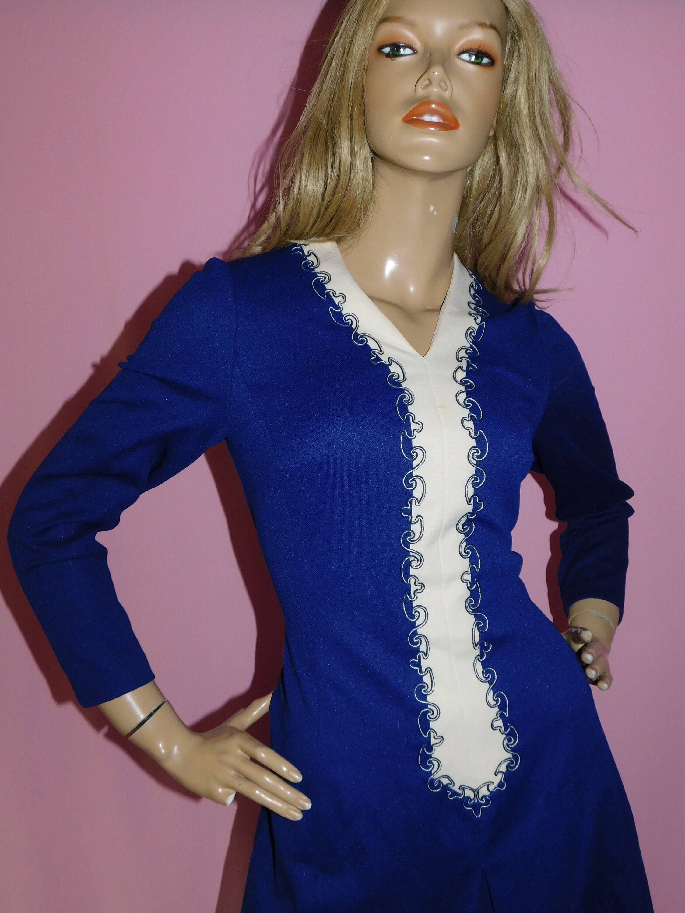 Vintage 1960s Navy Cream MOD Scooter Dress 12 M 60s Modette KITSCH