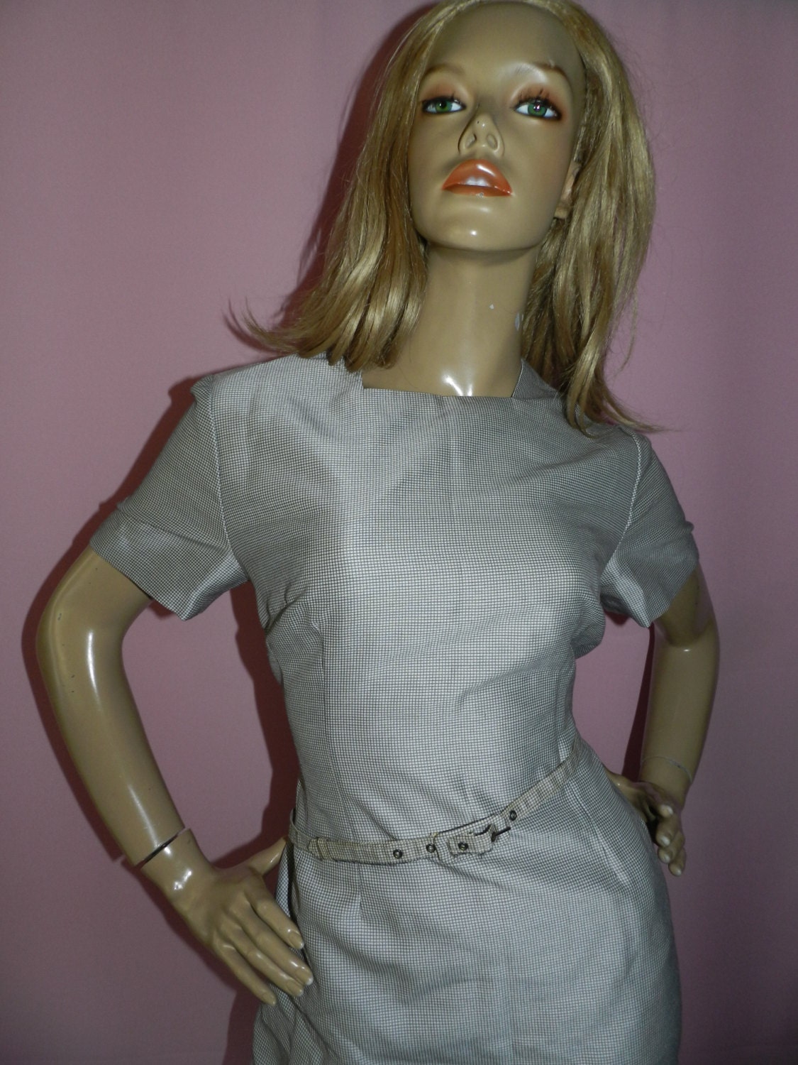 Vintage 50s Grey/White CHECK Fitted HOURGLASS SECRETARY Dress 14 1950s ...