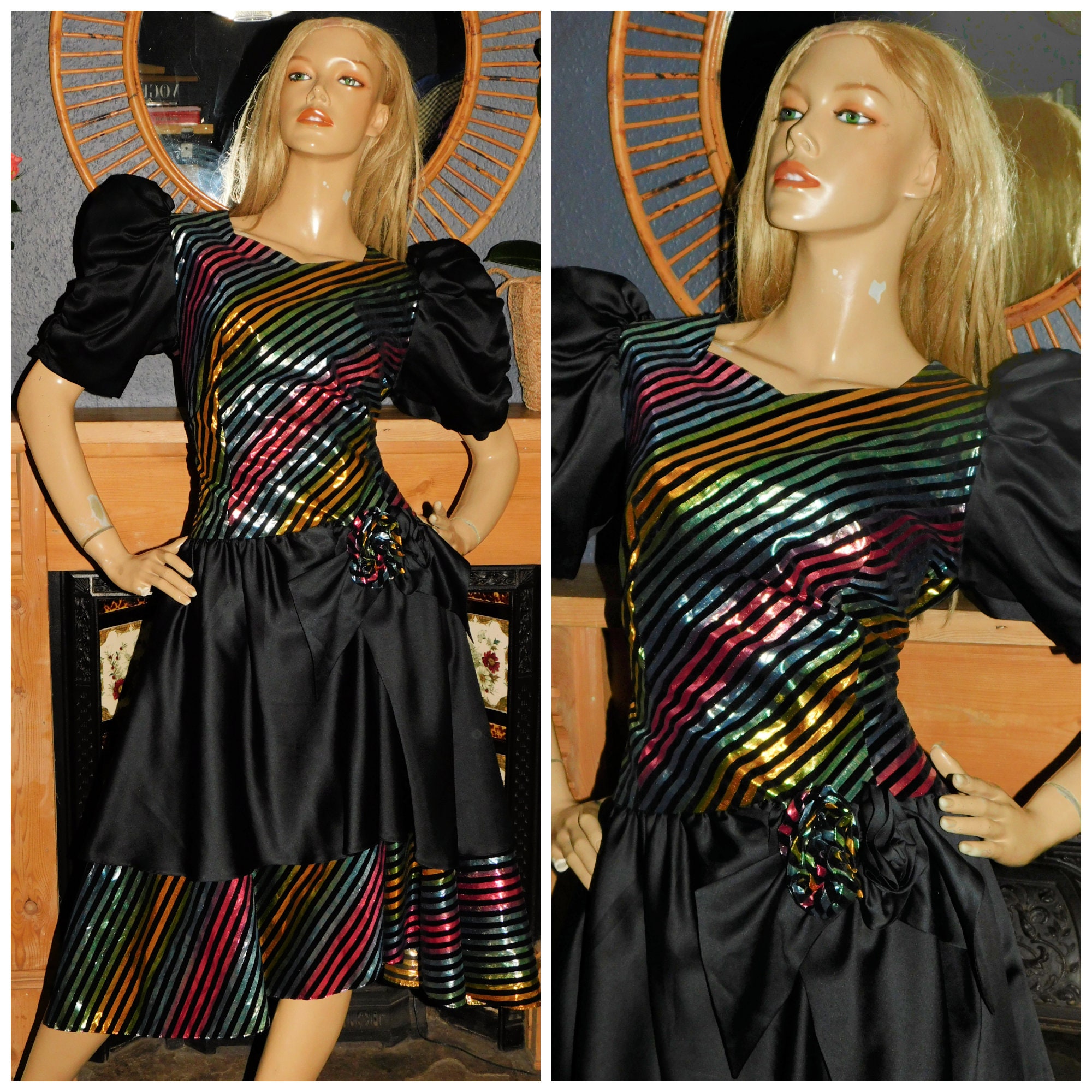 Vintage 80s Multicoloured METALLIC STRIPE PUFF Slvd Prom Party Dress 10 ...