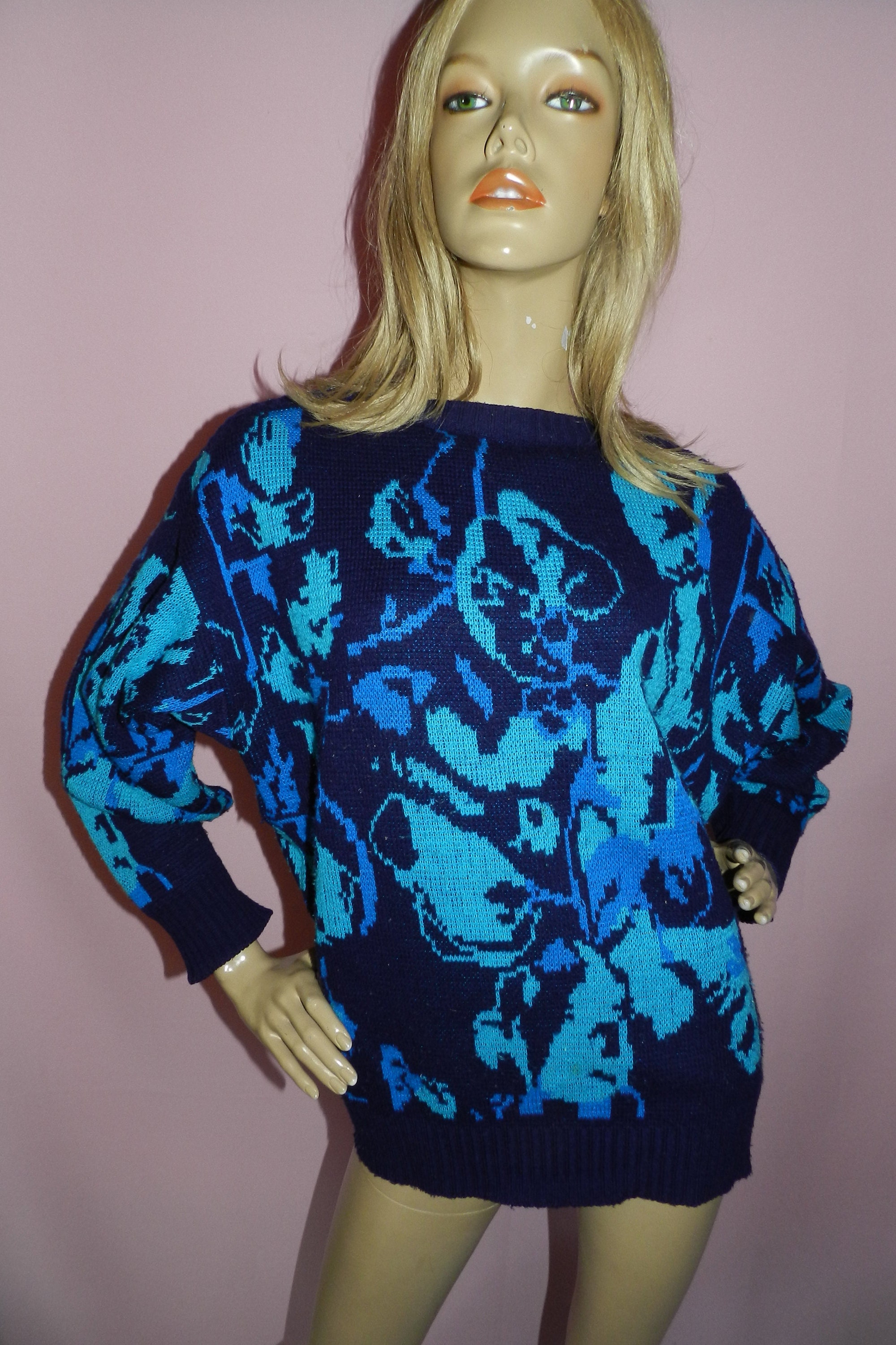 Vintage 80s Blue Turquoise ABSTRACT Print Oversized slouchy Sweater ...
