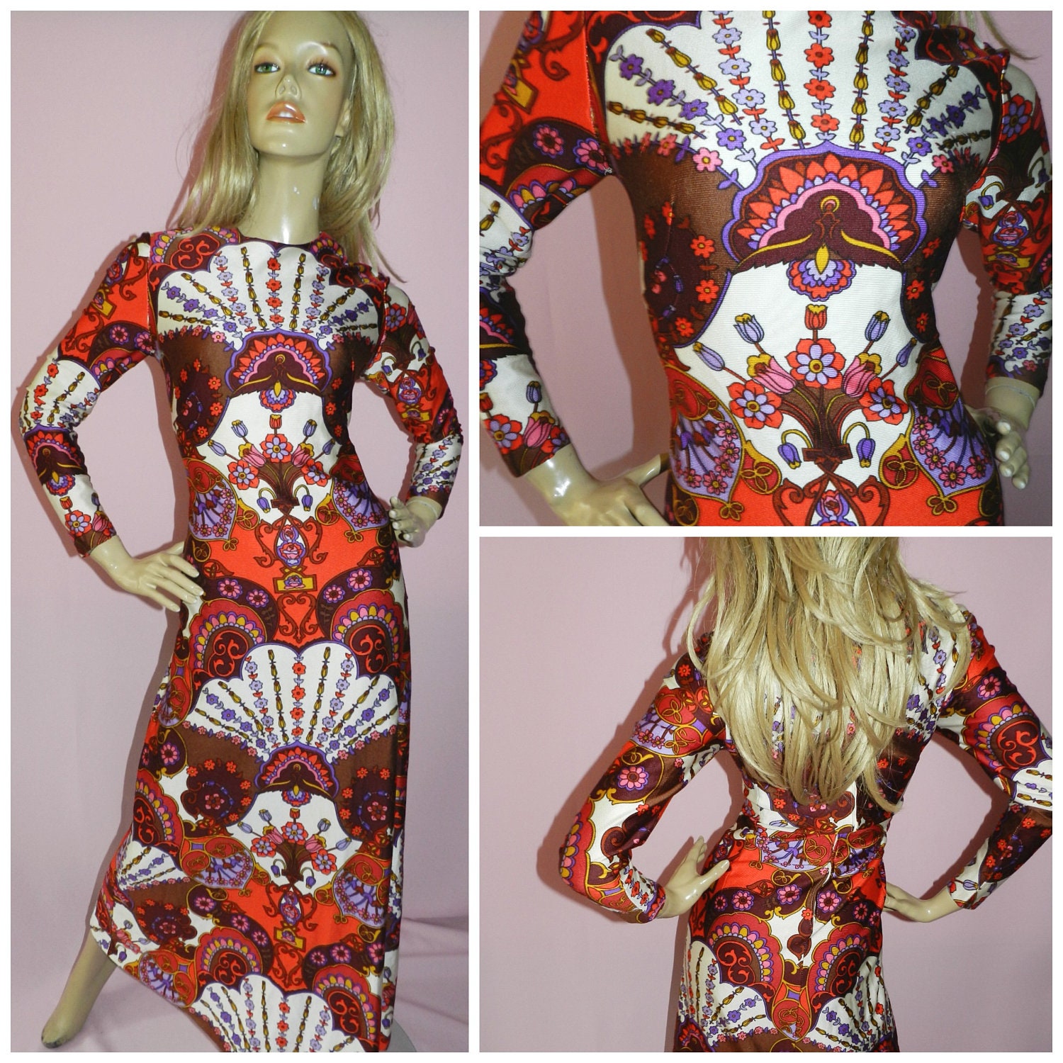 Vintage 70s Multicoloured PSYCHEDELIC print BOHEMIAN maxi dress 10-12 S ...