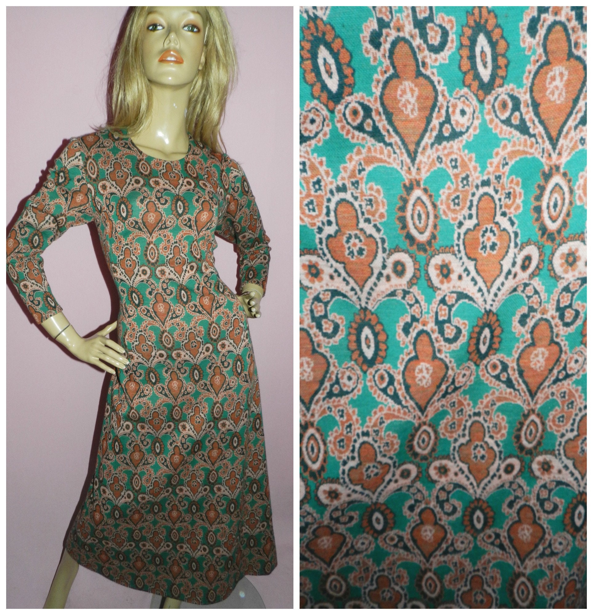 Vintage 70s BOHEMIAN PAISLEY print maxi dress 10 S 1970s Hippy Hippie ...