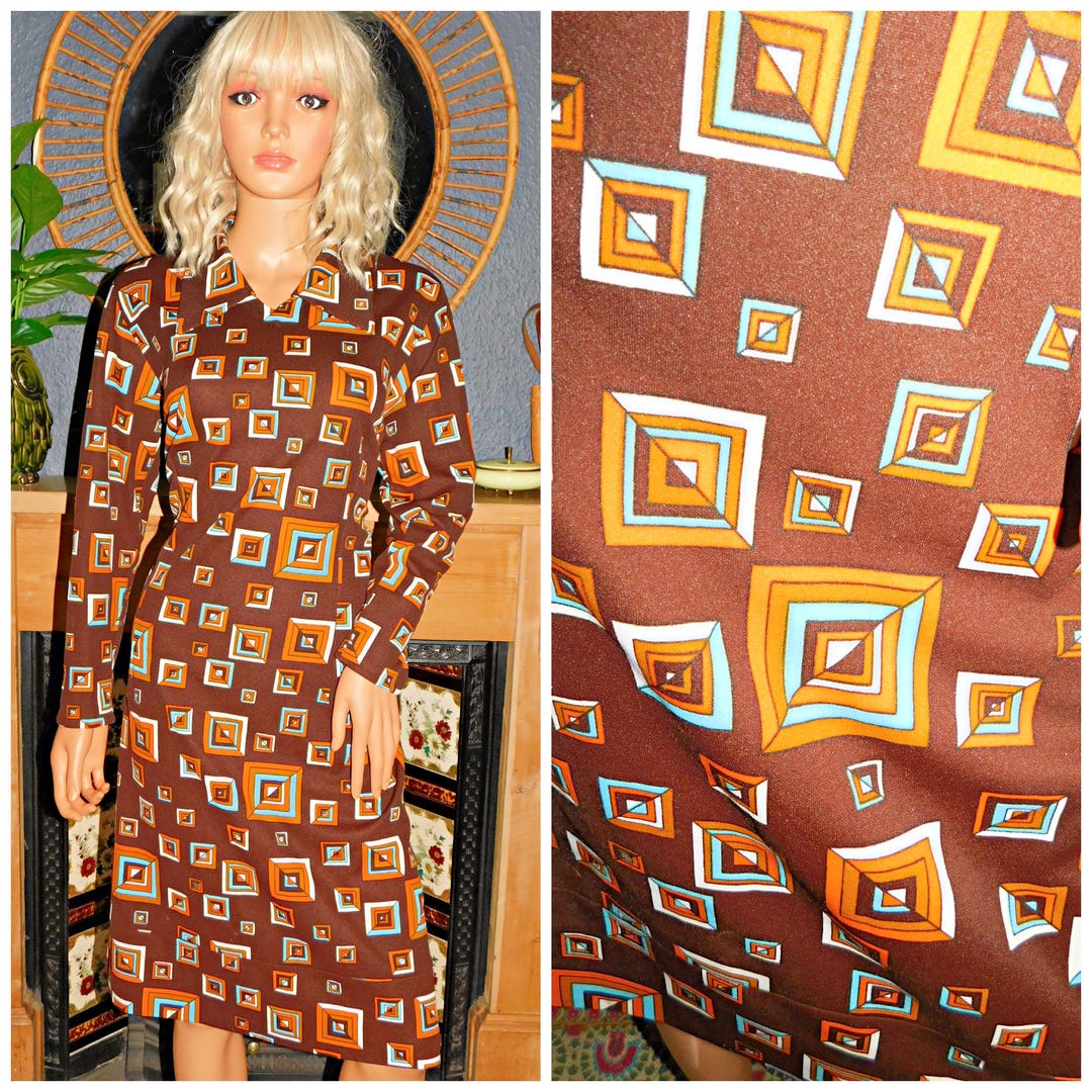 Vintage 60s Brown Orange Blue GEOMETRIC PSYCHEDELIC Mod Scooter Dress ...