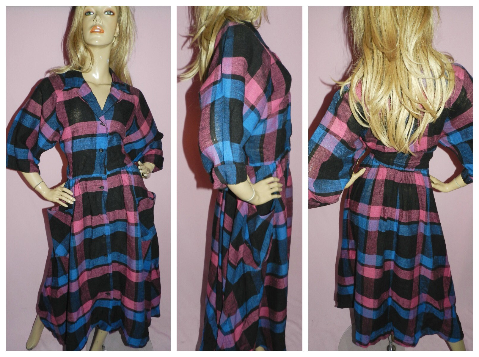 Vintage 70s 80s Blue Pink CHECK Swing Day Dress 12 M 1970s 1980s HUGE ...
