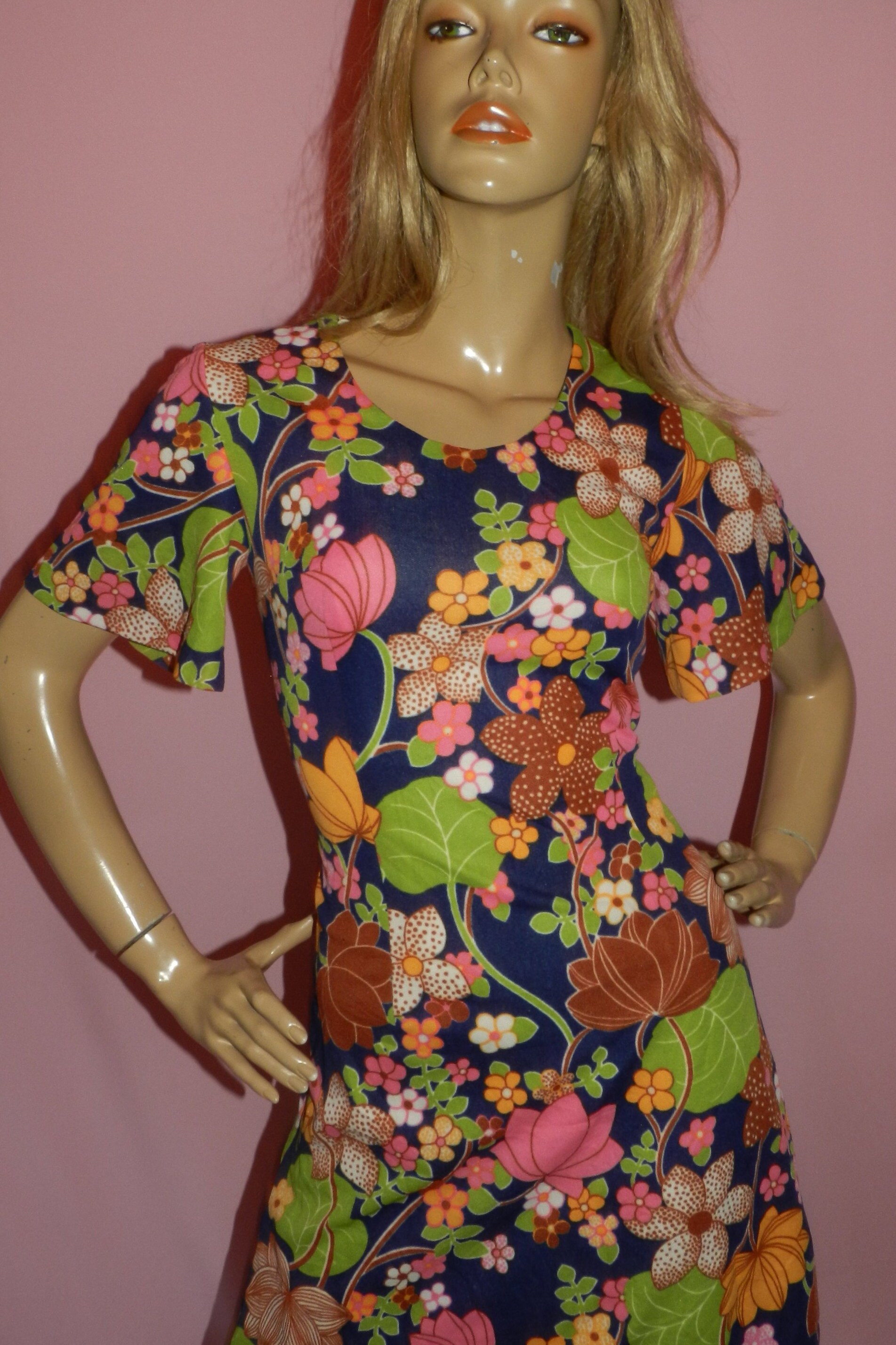 Vintage 60s Multicoloured Floral PSYCHEDELIC MOD SCOOTER Dress 10 S ...