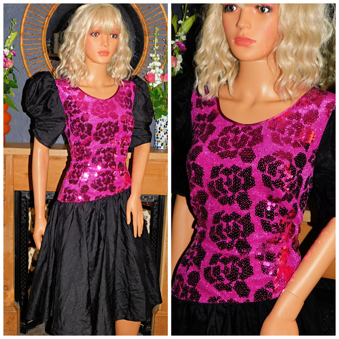 Vintage 80s Black BUBBLEGUM Pink PUFF Sequin Trim Prom Party Dress 14-16 M L 1980s Kitsch - Etsy