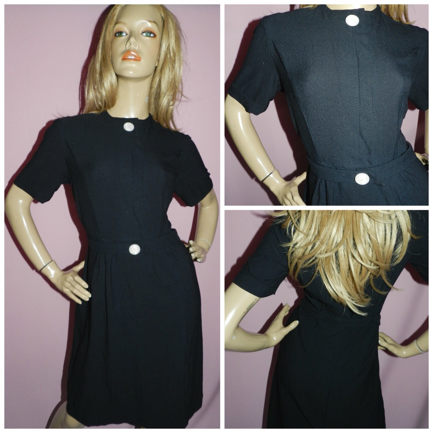 Vintage 50s Black Button Detail PIN UP Secretary Day dress 14-16 L ...