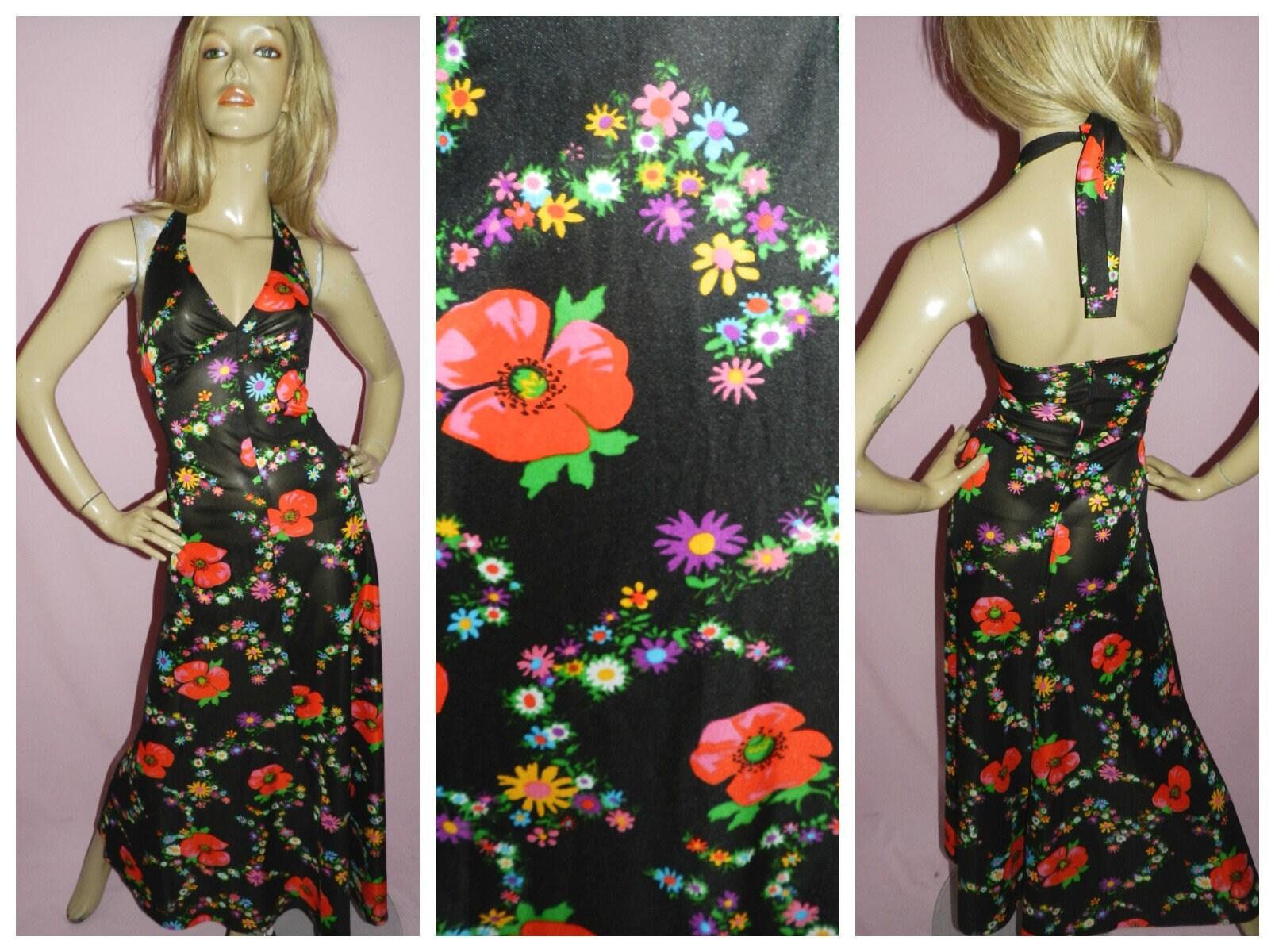 Vintage 70s POPPY FLOWER POWER Floral print Halterneck Backless Maxi ...