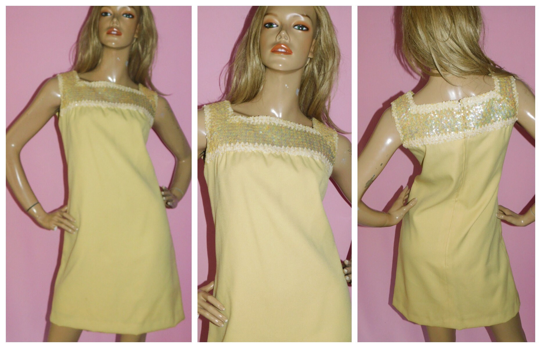 Vintage 60s Yellow SEQUIN Trim MINI MOD Shift Dress 12 M 1960s Dolly ...