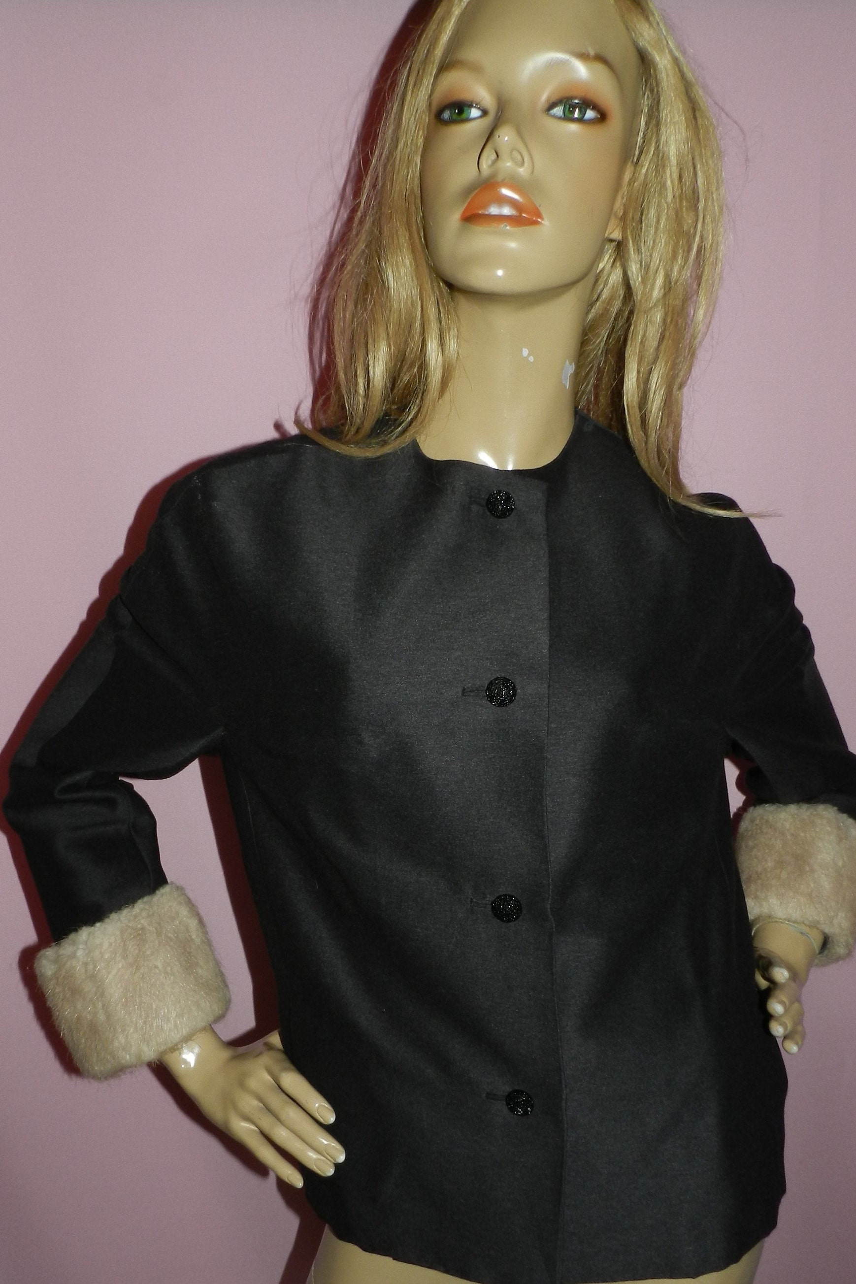 Vintage 50s MID CENTURY Grey Cream FUR Trim Box Jacket 14-16 M L 1950s ...