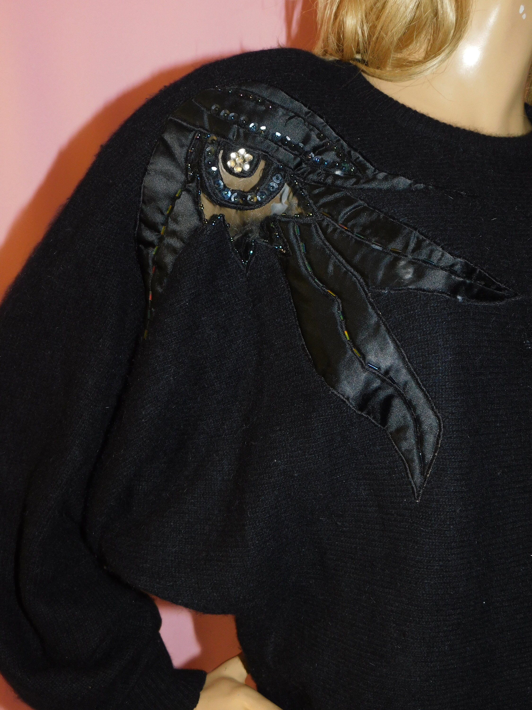 Vintage 80s Black APPLIQUE Angora Lambswool Oversized BATWING slouchy Sweater jumper M 1980s Nu Wave