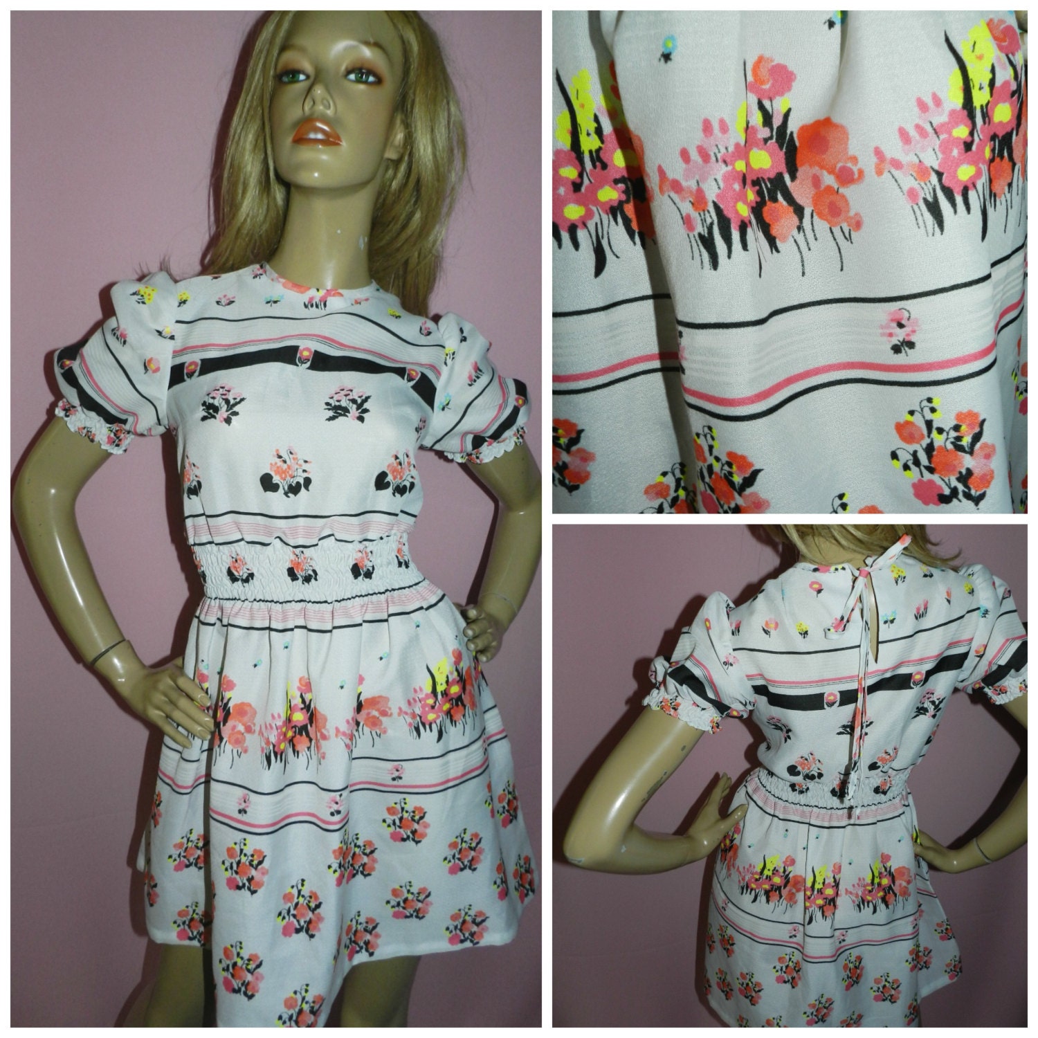 Vintage 1960s White/Multicoloured FLORAL Print Mini Mod DOLLY dress 6-8 ...