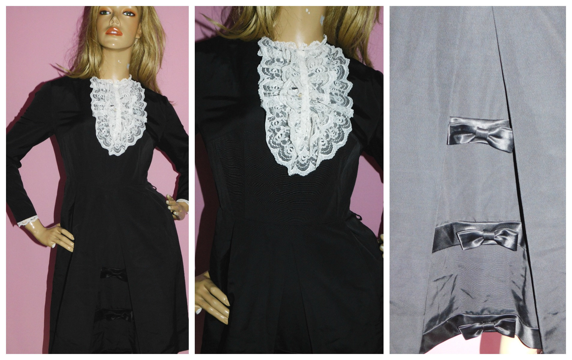 Vintage 60s Black White DANDY Ruffled Bib MOD BOW Dress 10-12 S M 1960s ...