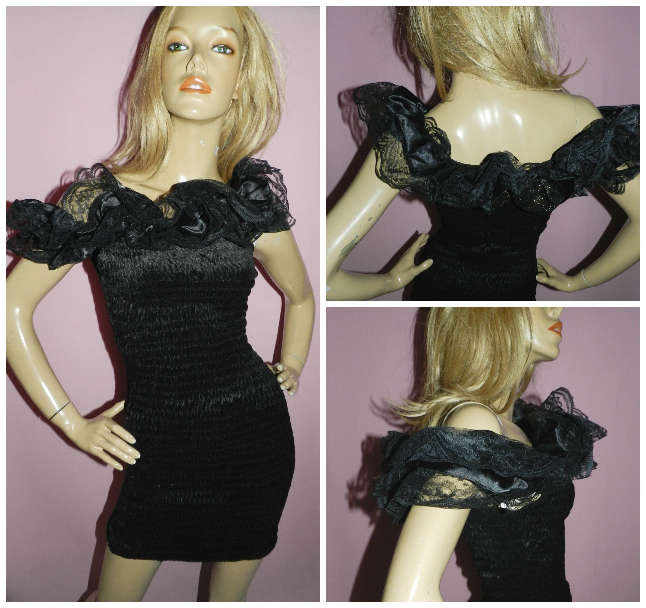 Vintage 80s TRASHY Black Body Con LACE STRETCH Party Prom Mini Bow ...