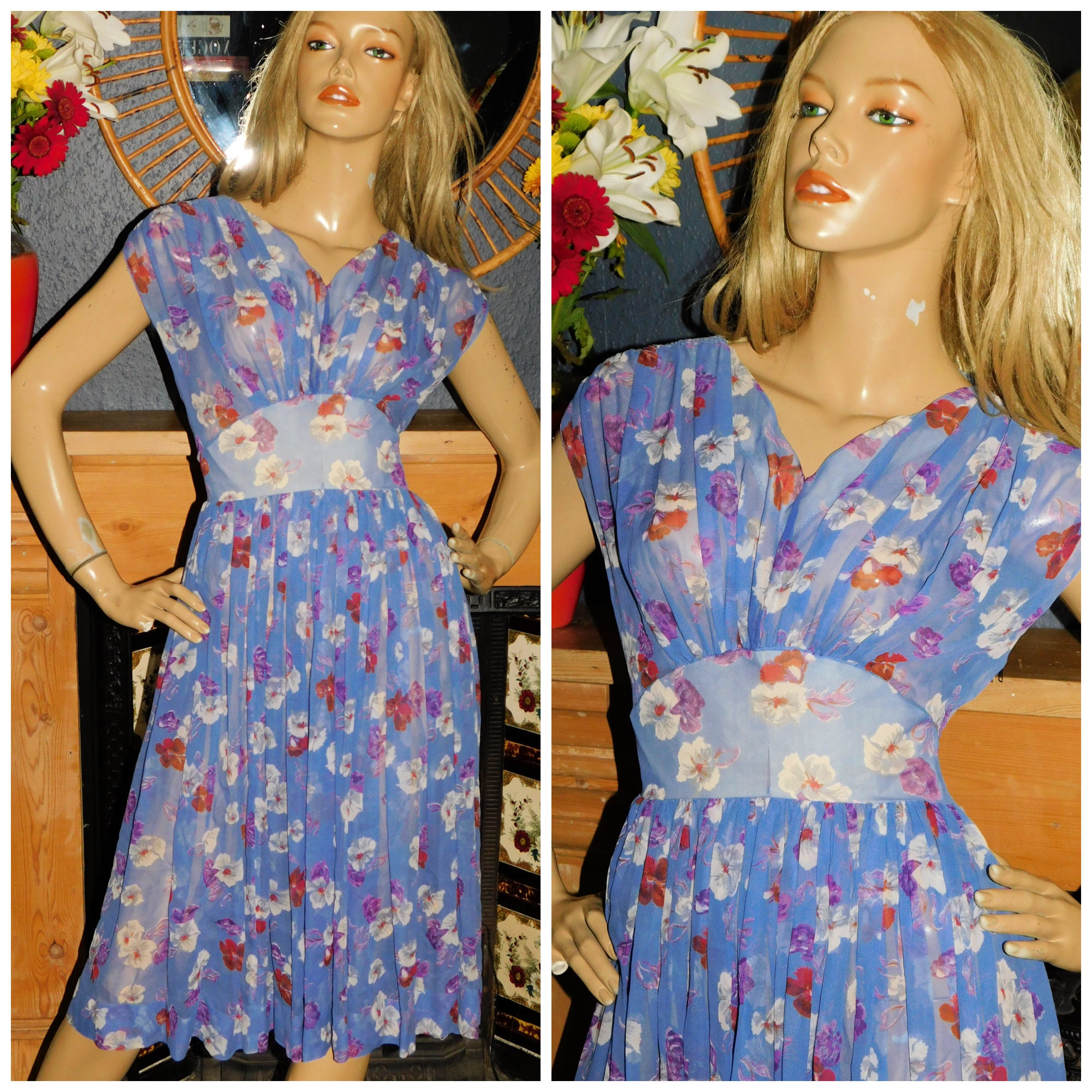 Vintage 50s Semi SHEER Blue FLORAL Print Tea Dress 14-16 M L 1950s Mid ...
