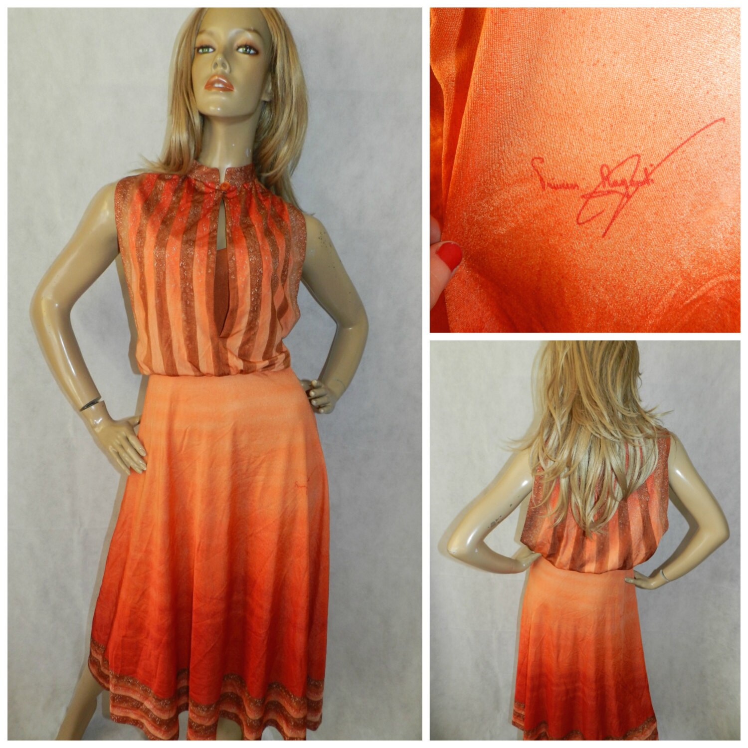 Vintage 70s PRINCESS RASPANTI Orange/Brown signed print Op Art dress 8 ...