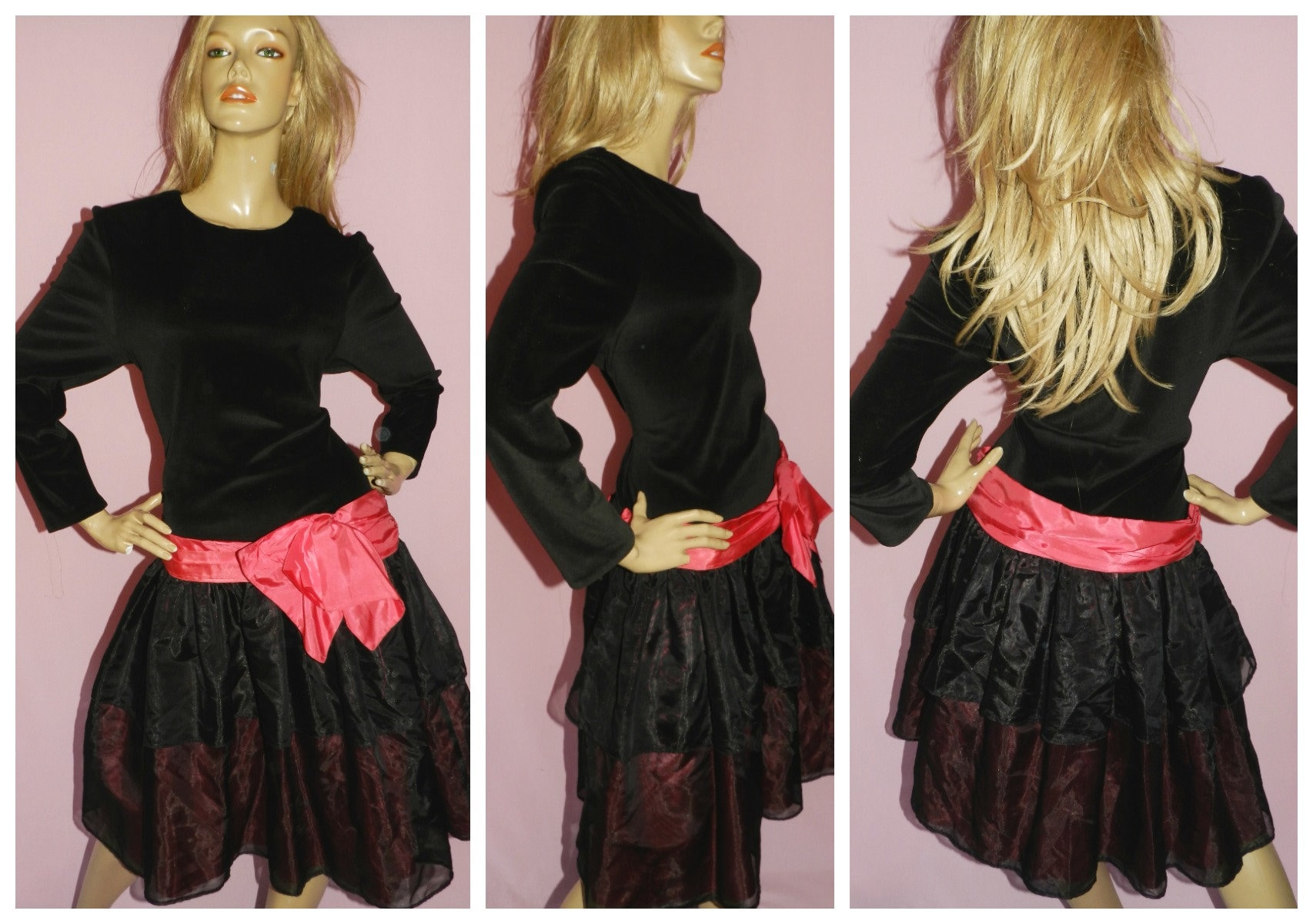 Vintage 80s Black Pink VELVET BOW Prom Party dress 14-16 M L 1980s ...