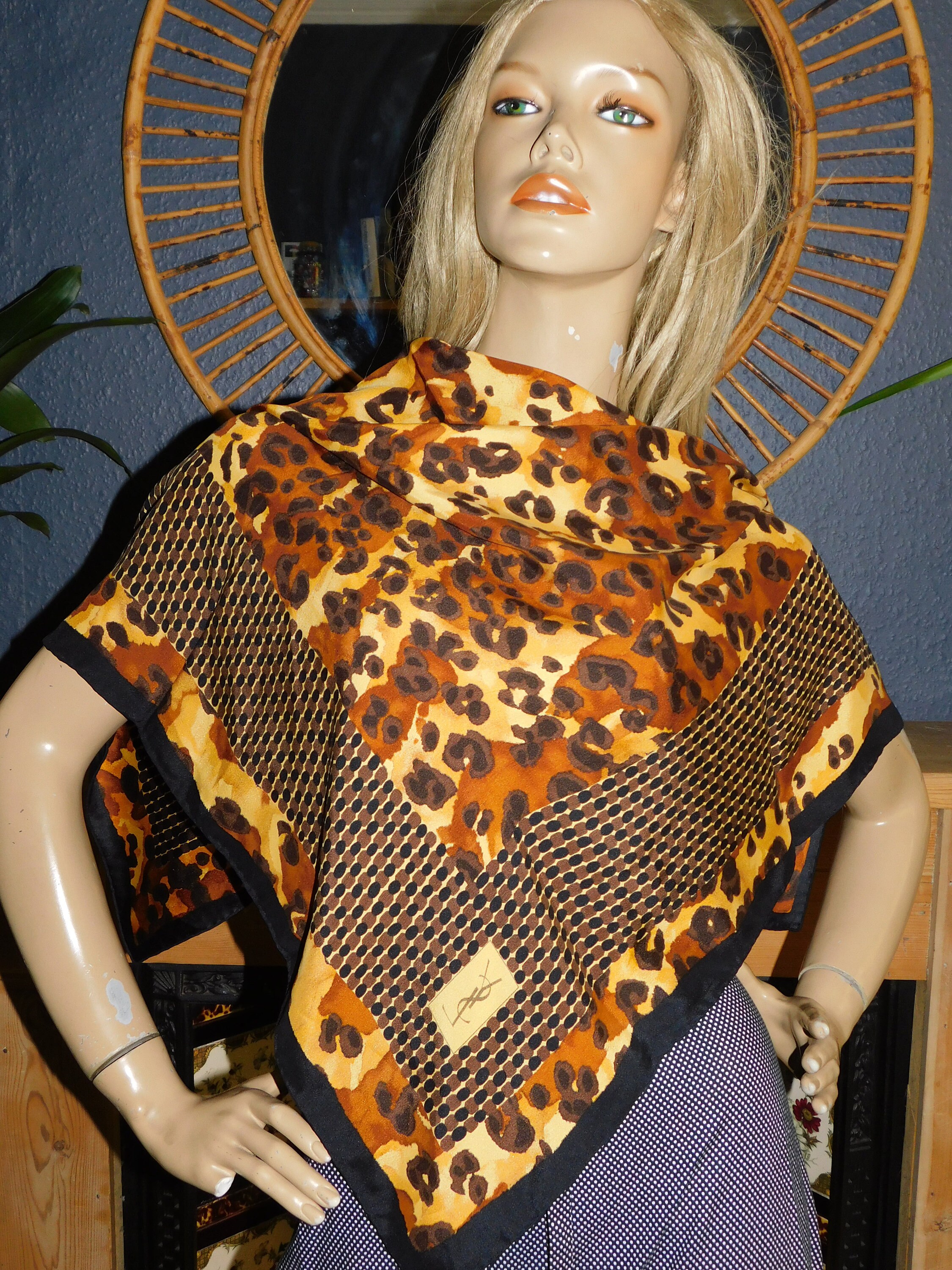 Vintage YSL Yves Saint Laurent Leopard Print SILK Hand rolled Hand stitched
