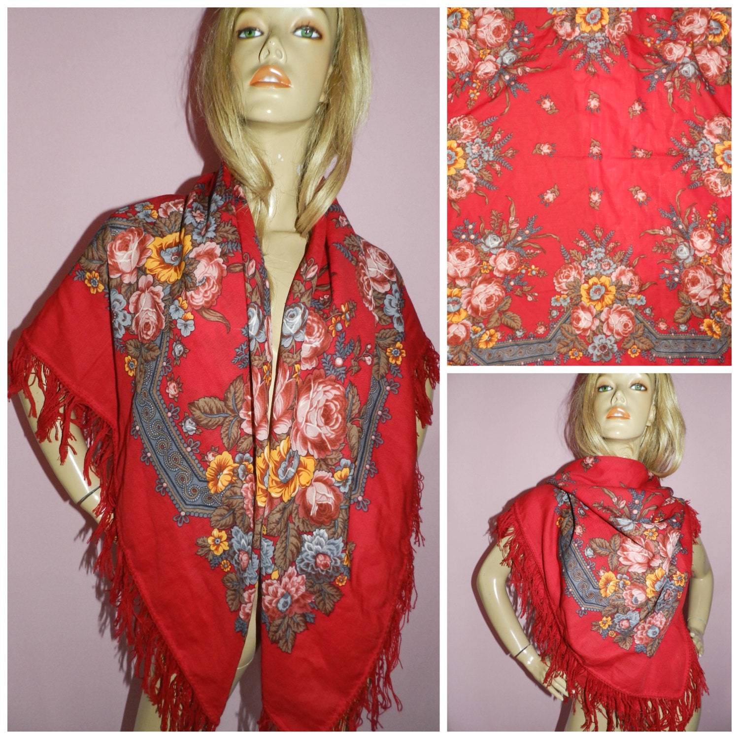 Vintage 70s 80s Red/multicoloured FLORAL BOHEMIAN FOLK Tassle scarf ...