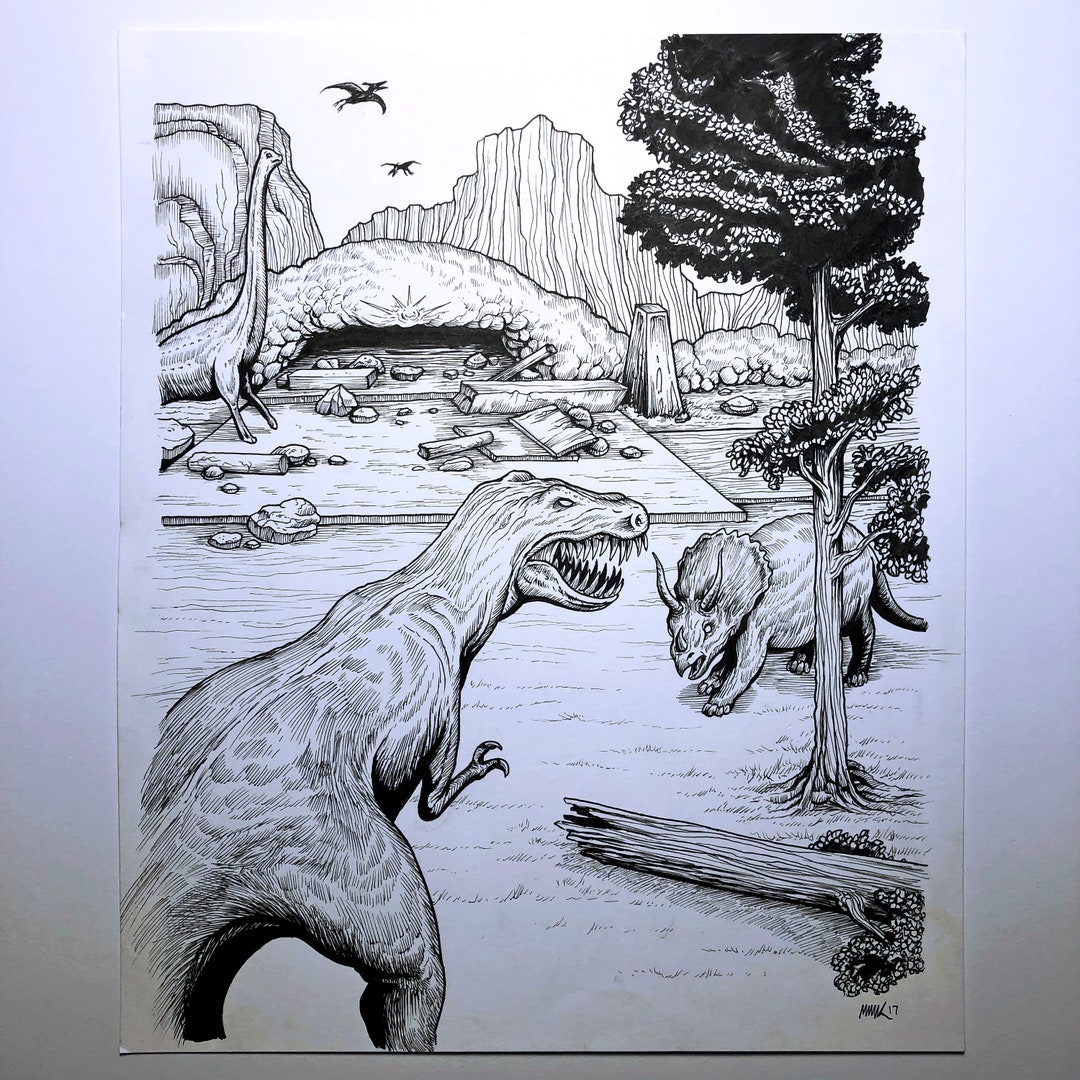 Dino World - Original Ink Illustration - Etsy