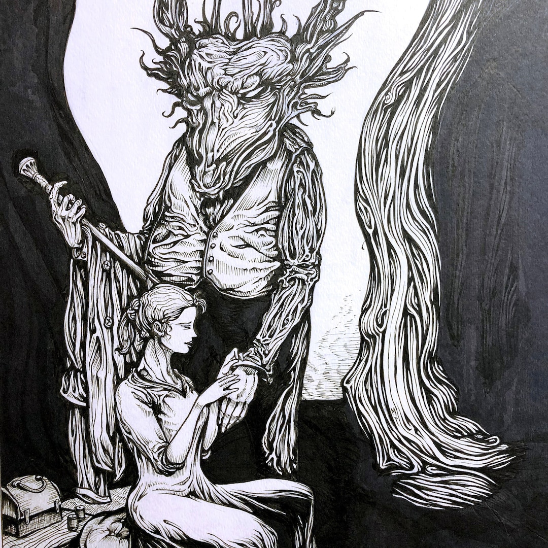 Original Ink Illustration, Sweet Monster Couple, Detailed Fantasy ...