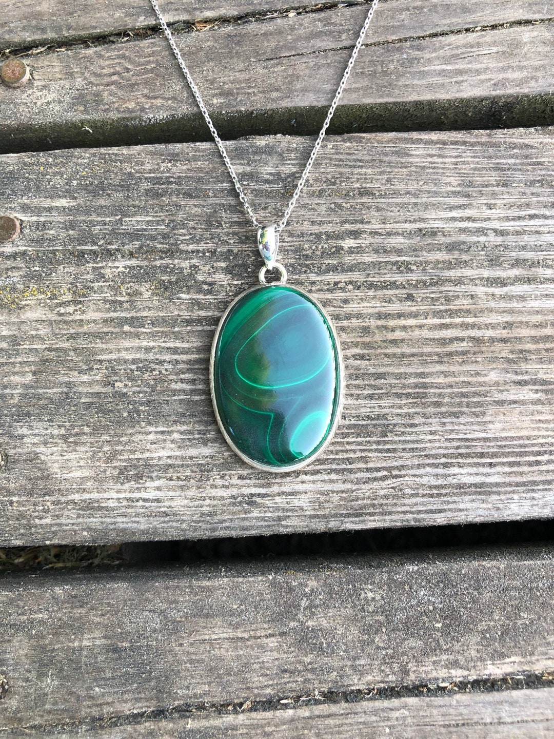 Malachite Silver Necklace, Simple Design Large Malachite Pendant ...