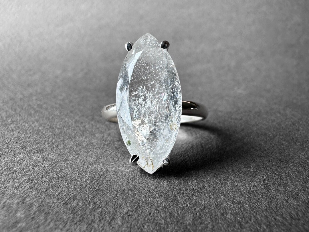 Natural Marquise Cut Goshenite Silver Ring, Colorless Beryl Crystal ...