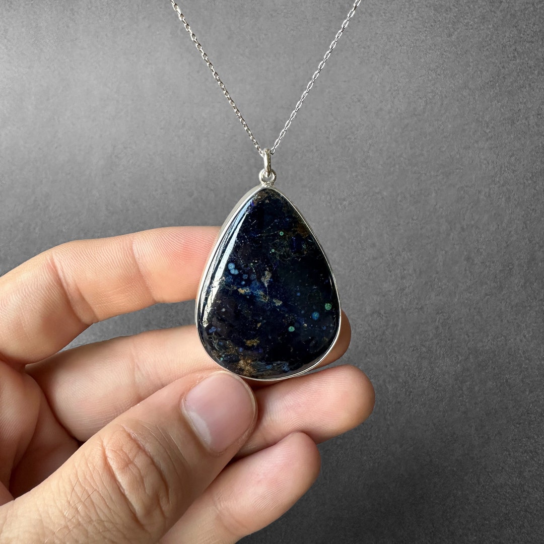 Navy Blue Azurite Cabochon Silver Necklace, Rough Azurite Stone Pendant ...