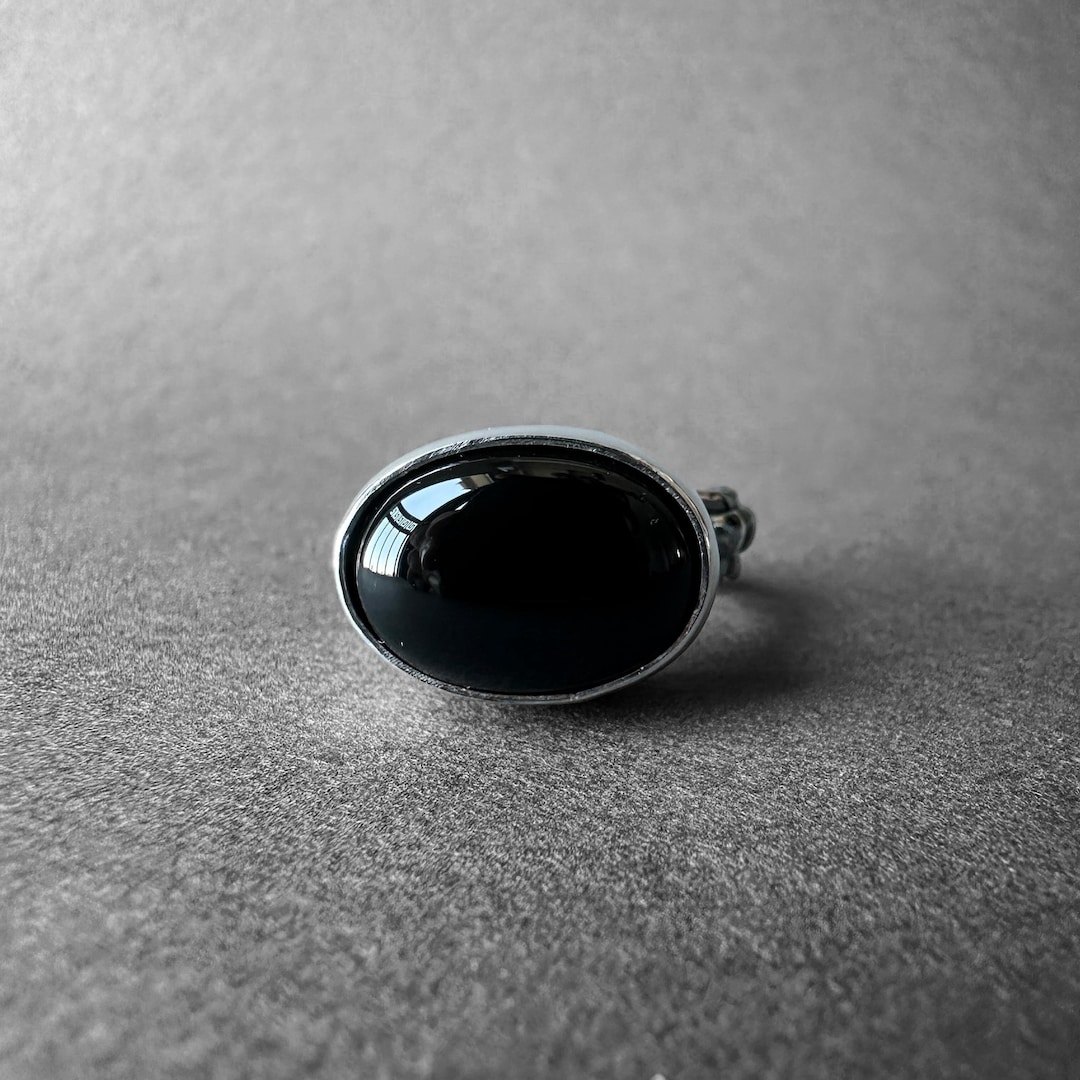 Natural Black Agate Silver Ring, Black Agate Stone Ring, Black Aqeeq ...