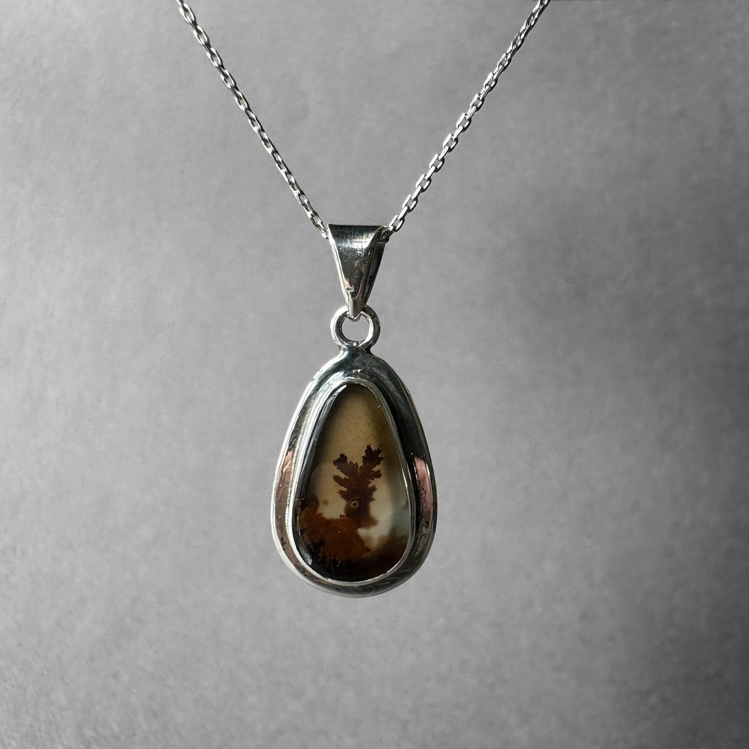 Natural Cute Dendritic Agate Silver Necklace, Scenic Tree Agate Pendant ...
