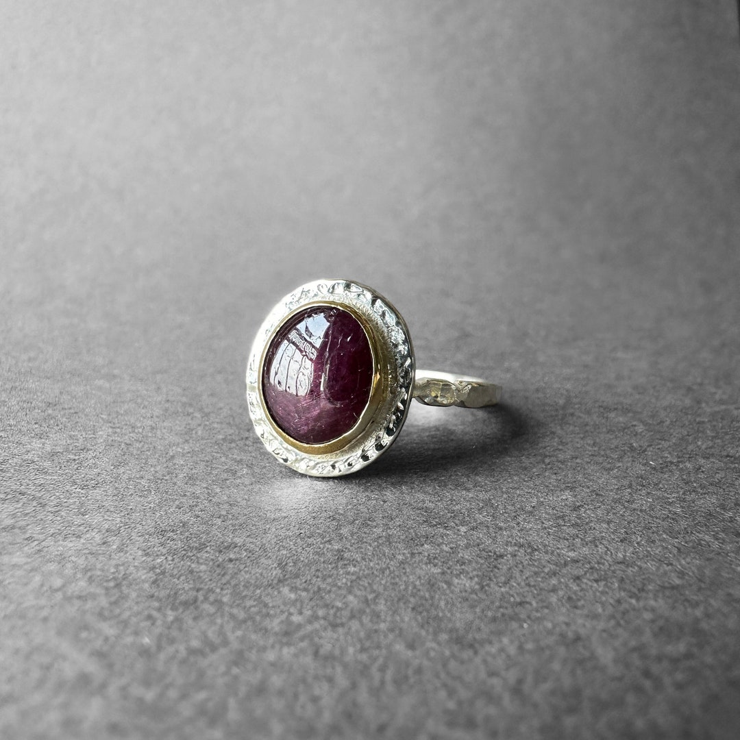 Natural Star Ruby 14K Gold and Silver Ring, Wine Red Star Ruby Size 7 ...
