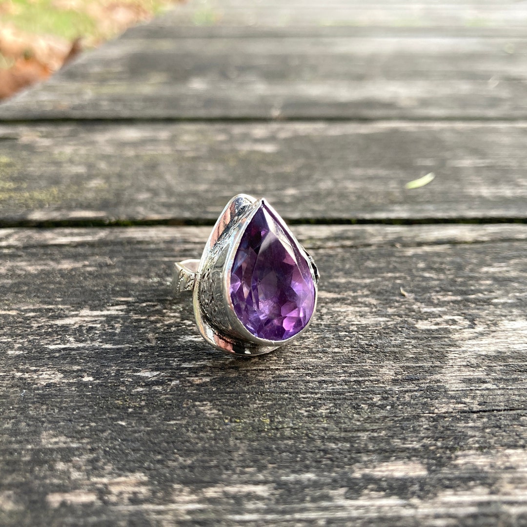 Cute Amethyst Silver Ring, Flower Design Amethyst Ring Size 5 6 7 8 9 ...