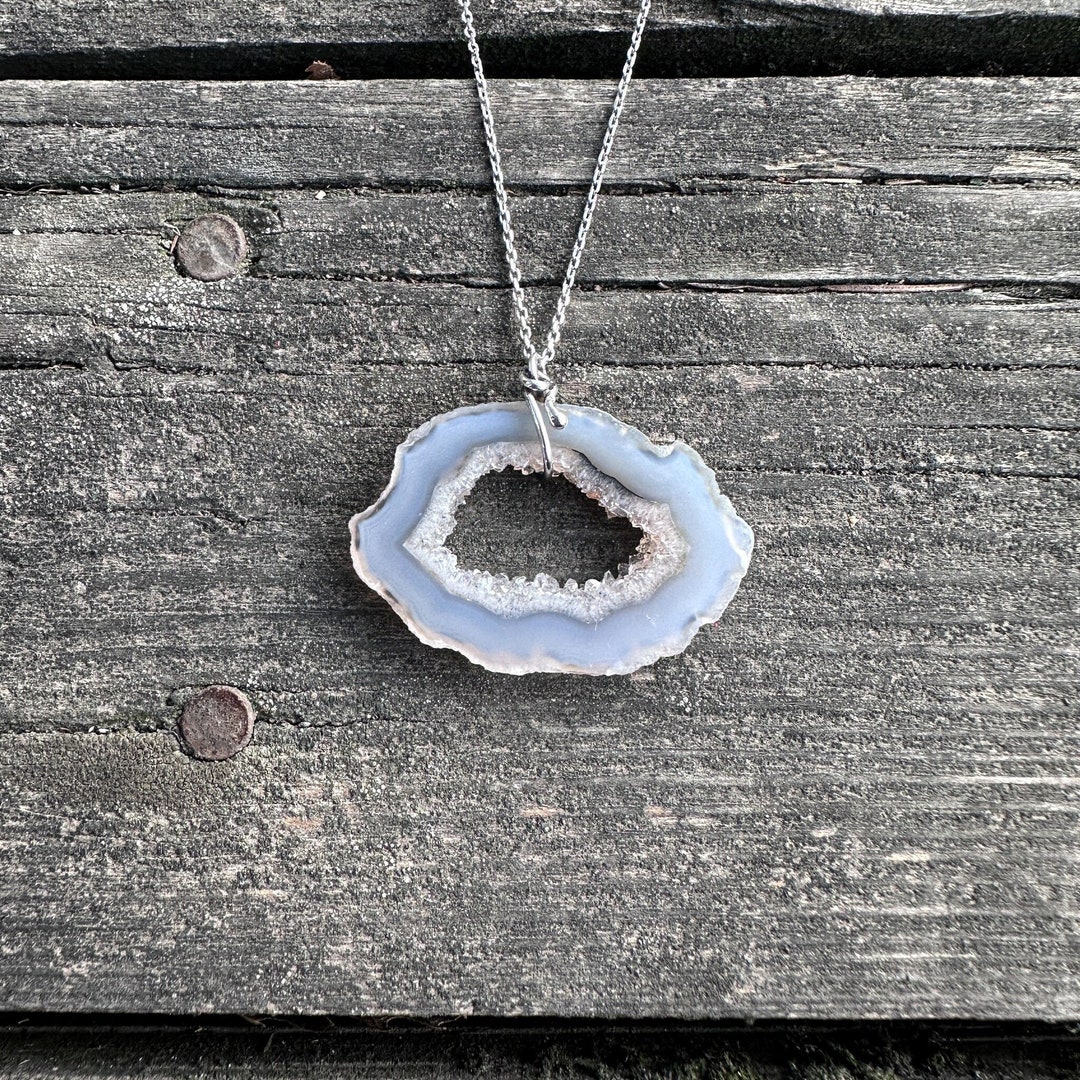 Geode Slice Silver Necklace, Crystal Quartz Clusters Silver Necklace ...