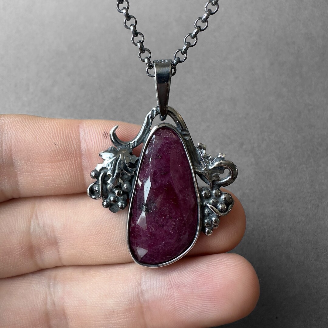 Natural Grape Vine Design Ruby Silver Necklace, Large Wine Red Ruby ...