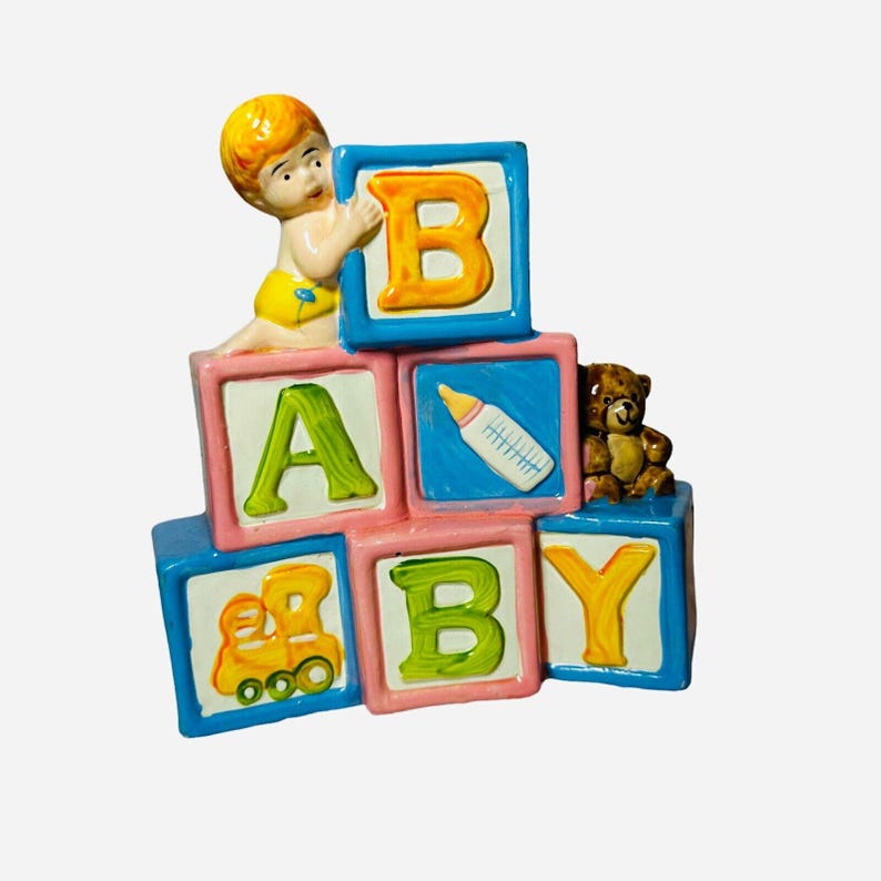 Vintage Enesco Alphabet Block Teddy Bear Baby Bottle Ceramic Coin Bank ...