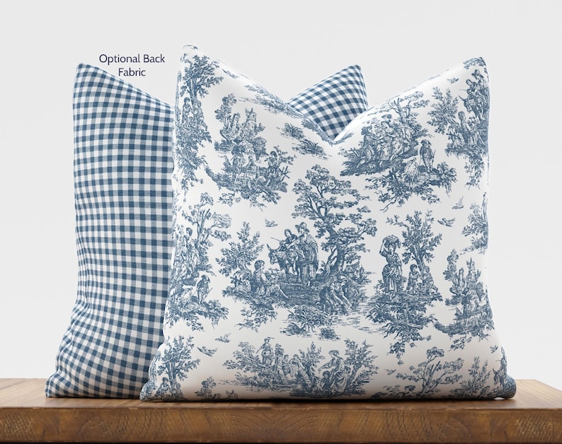 Blue French Country Toile Pillow Cover With Zipper, Gingham | Choose ...