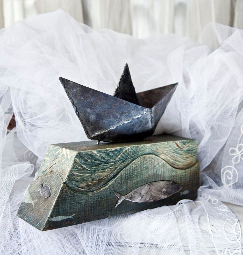 Paperweight Metal and Wood Sculpture Paper Boat End Fishes, 5th or 6th ...